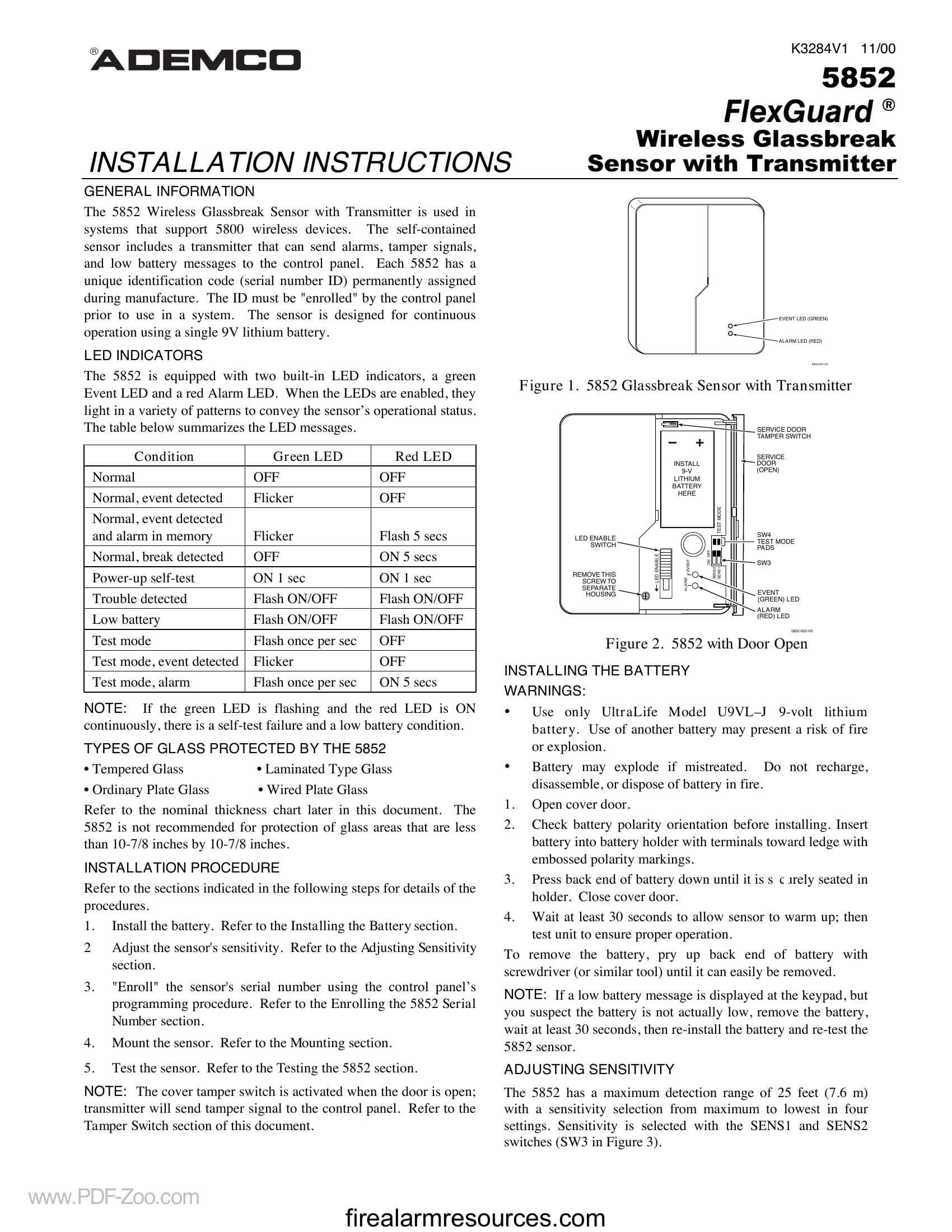Ademco - 5850 Wireless Glass Break Detector | Download fire alarm documents