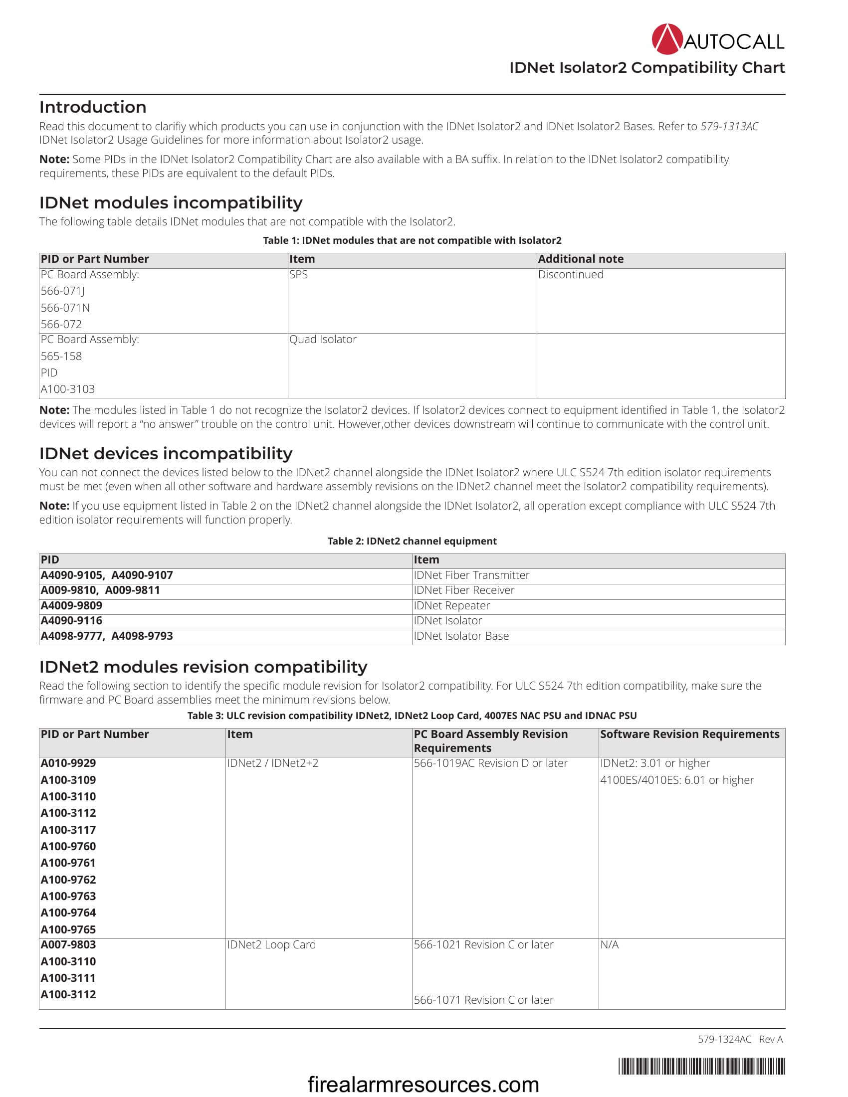 Autocall IDNet Isolator2 Compatibility Chart | Download fire alarm ...