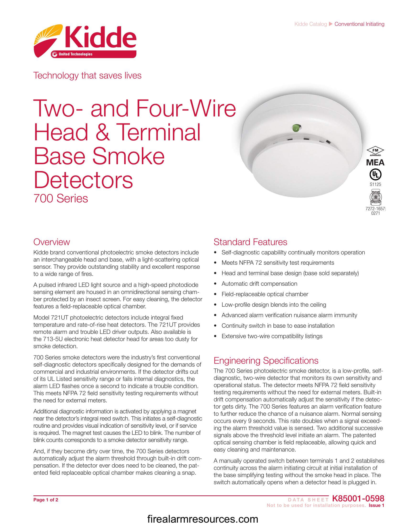 Kidde Edwards Data Sheet K85001-0598 - 700 Sereis Self-Di... | Download ...