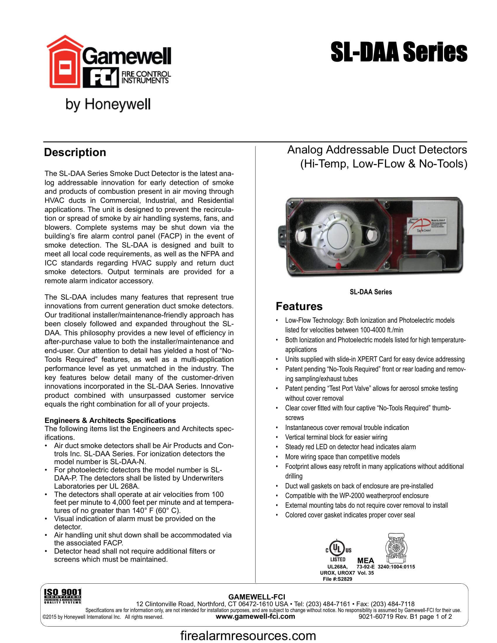 Gamewell-FCI SL-2000 Series Duct Smoke Detectors | Download fire alarm ...