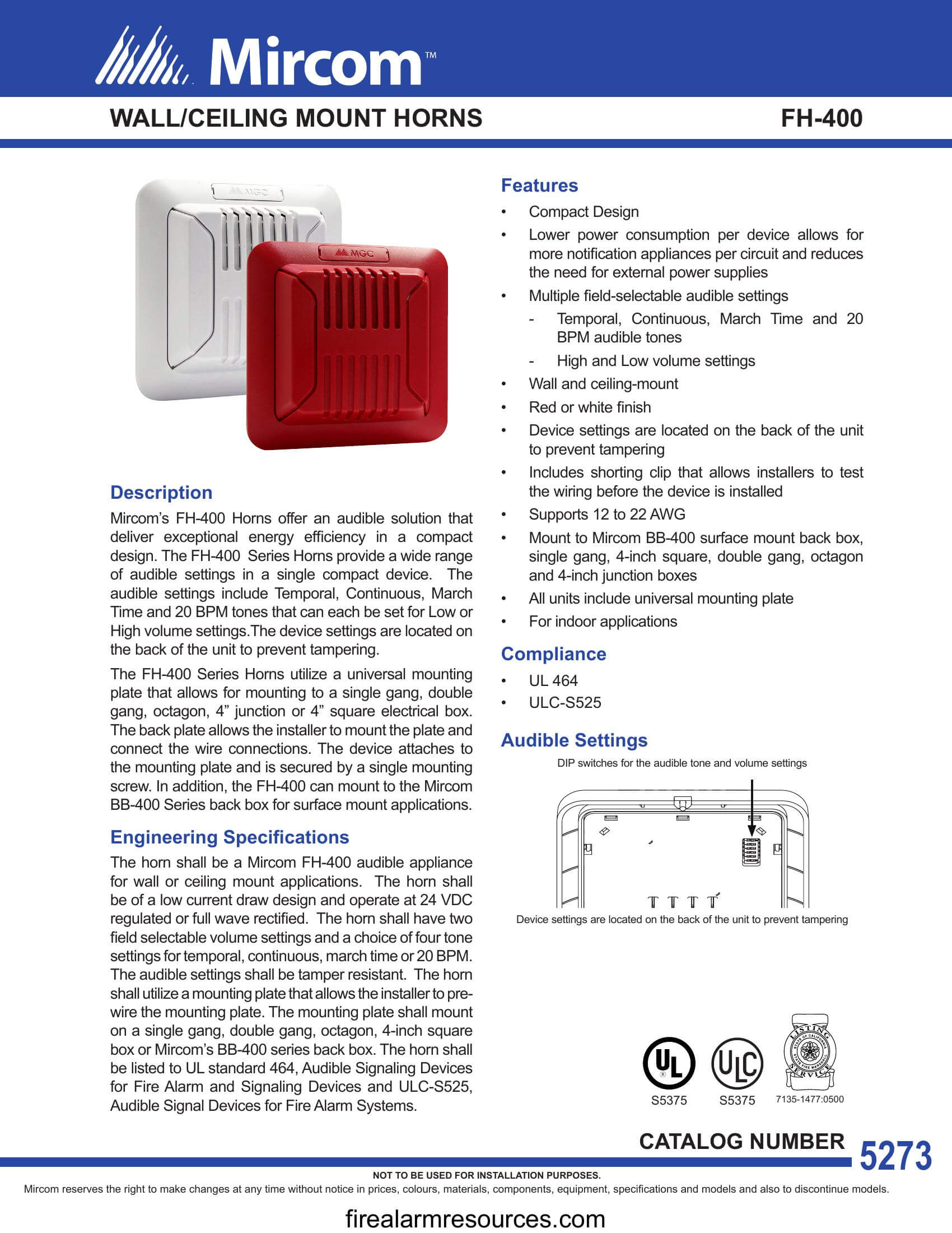 Mircom CAT-5273 FH-400 Wall-Ceiling Mount Horns (English) | Download fire alarm documents