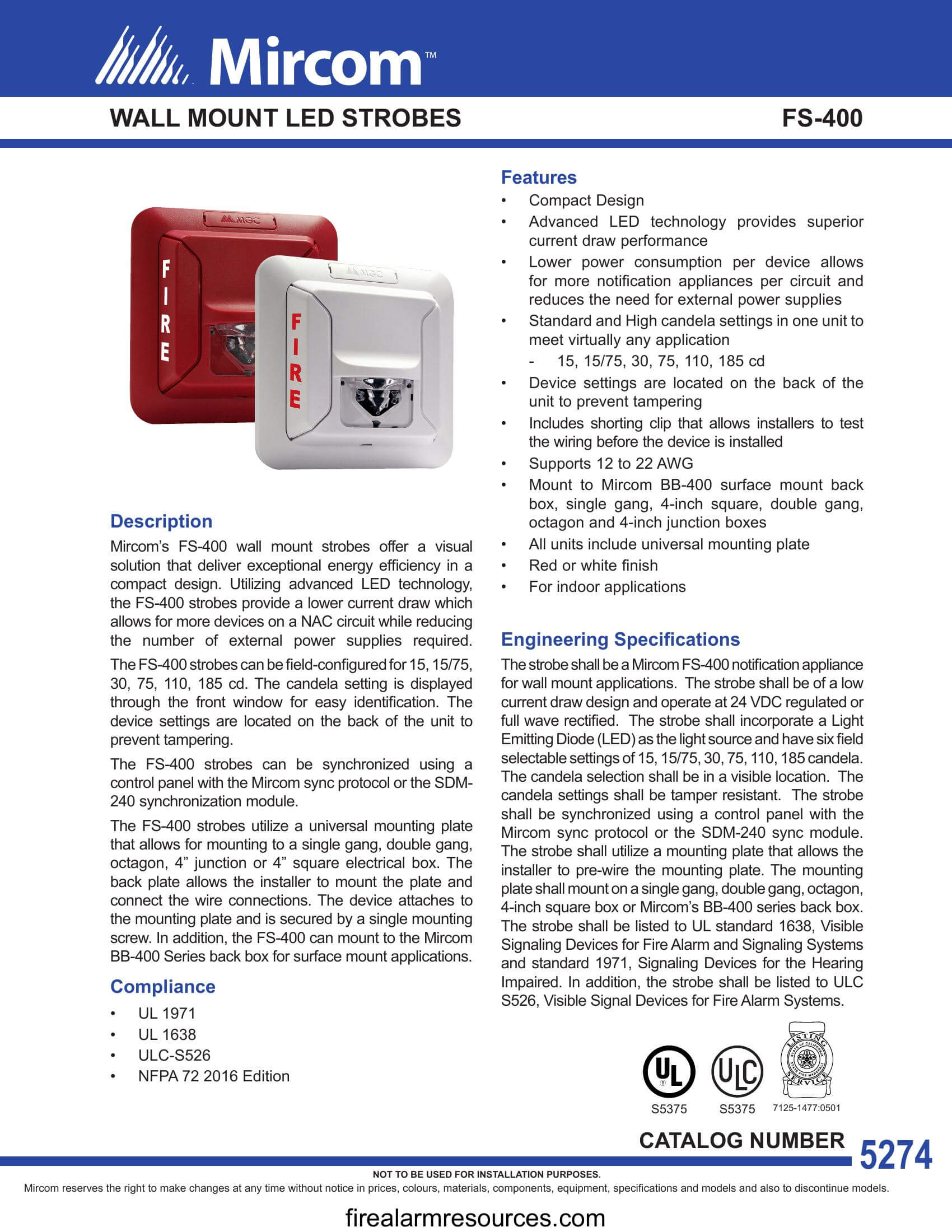 Mircom CAT-5274 FS-400 Wall Mount LED Strobes (English) | Download fire ...