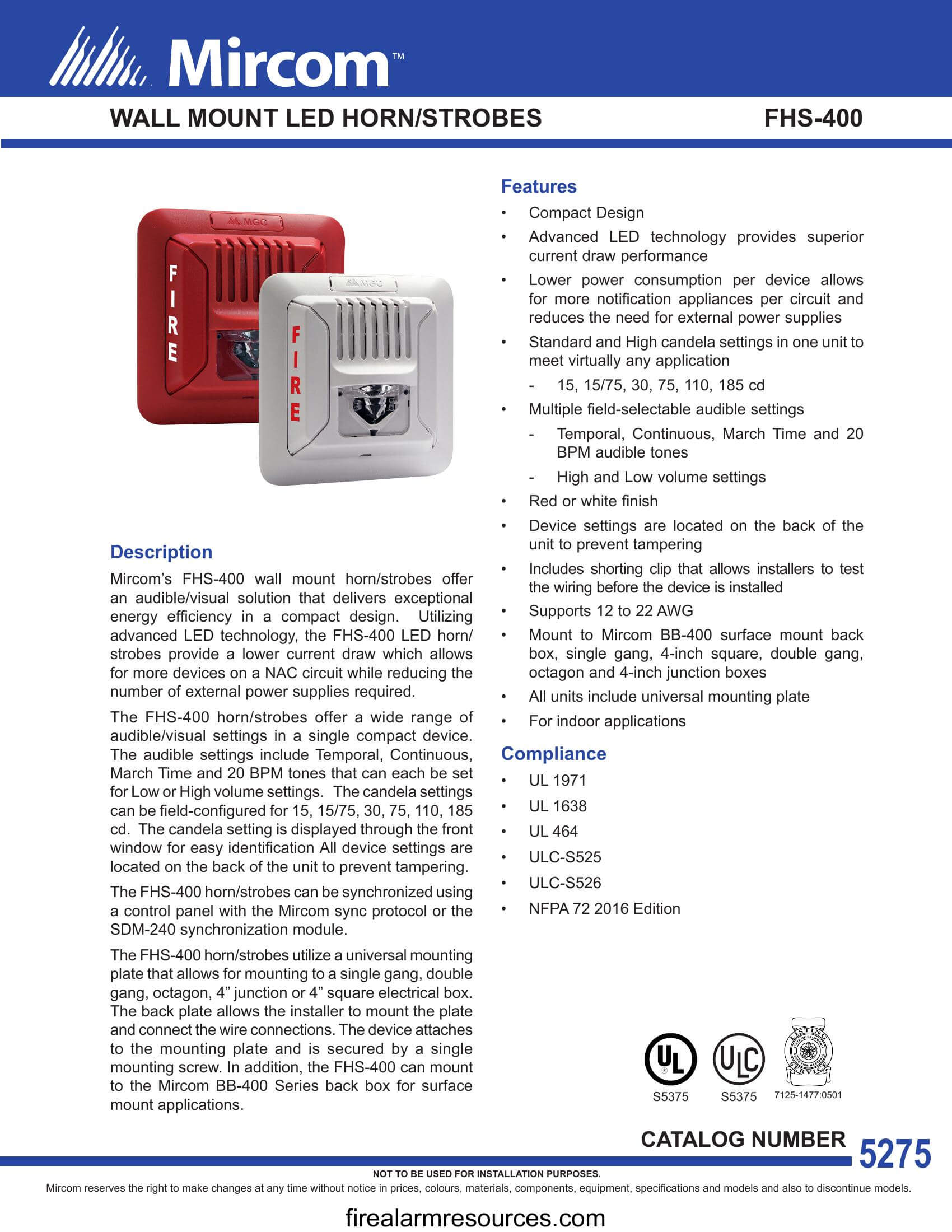 Mircom CAT-5273 FH-400 Wall-Ceiling Mount Horns (English) | Download fire alarm documents
