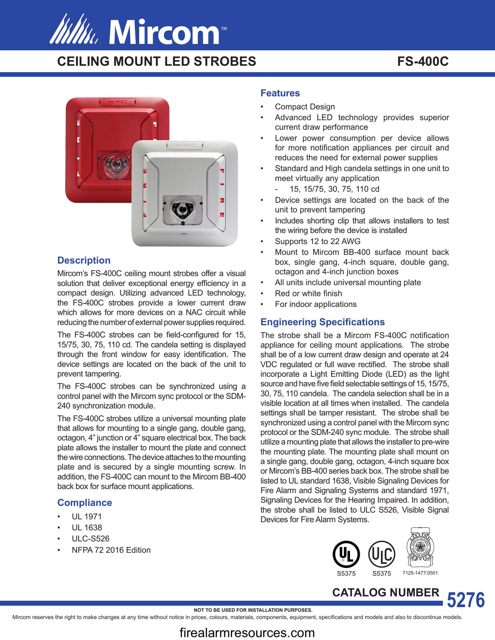 Mircom CAT-5274 FS-400 Wall Mount LED Strobes (English) | Download fire ...