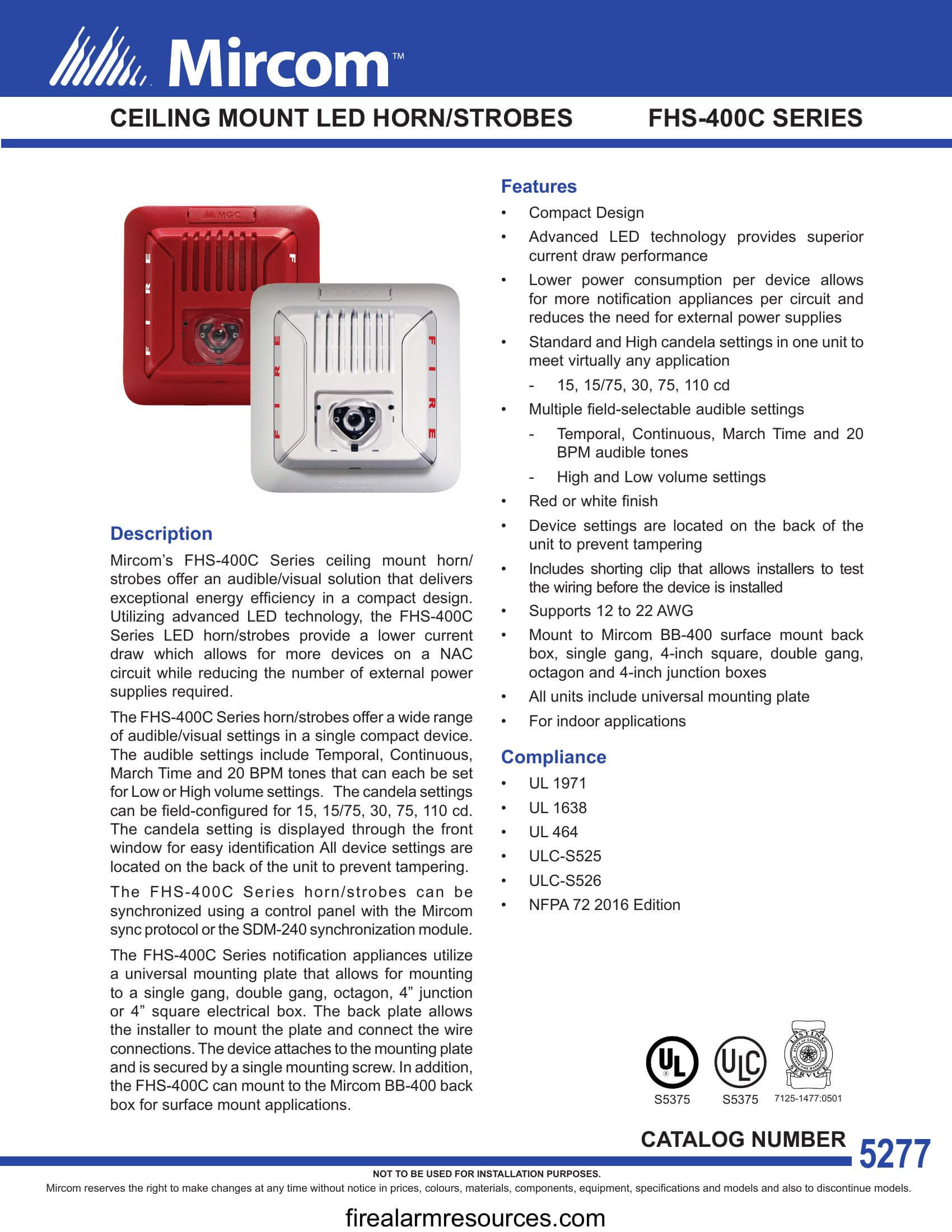 Mircom CAT-5274 FS-400 Wall Mount LED Strobes (English) | Download fire ...