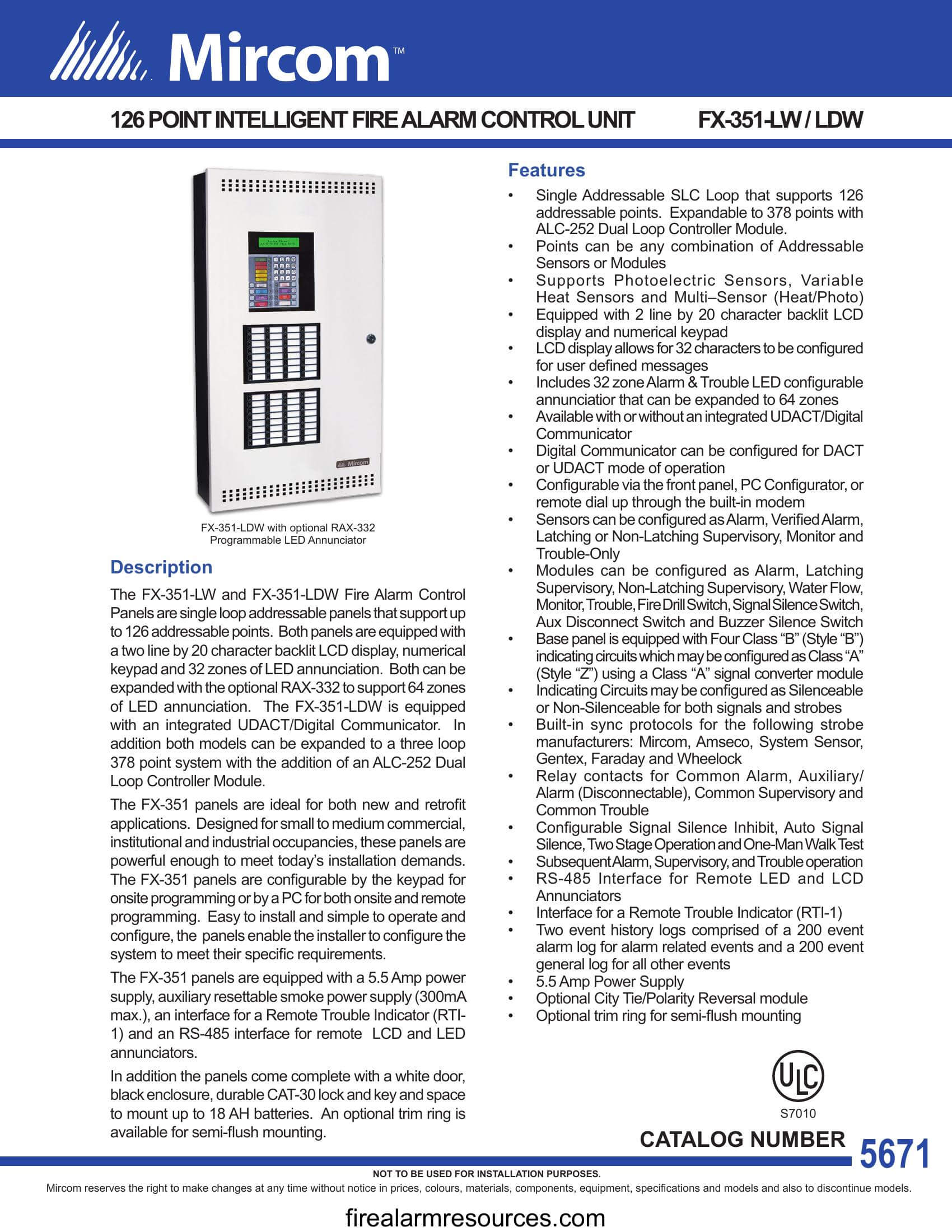 Mircom Cat 5910 Fx 2000 Series Intelligent Fire Alarm Con Download