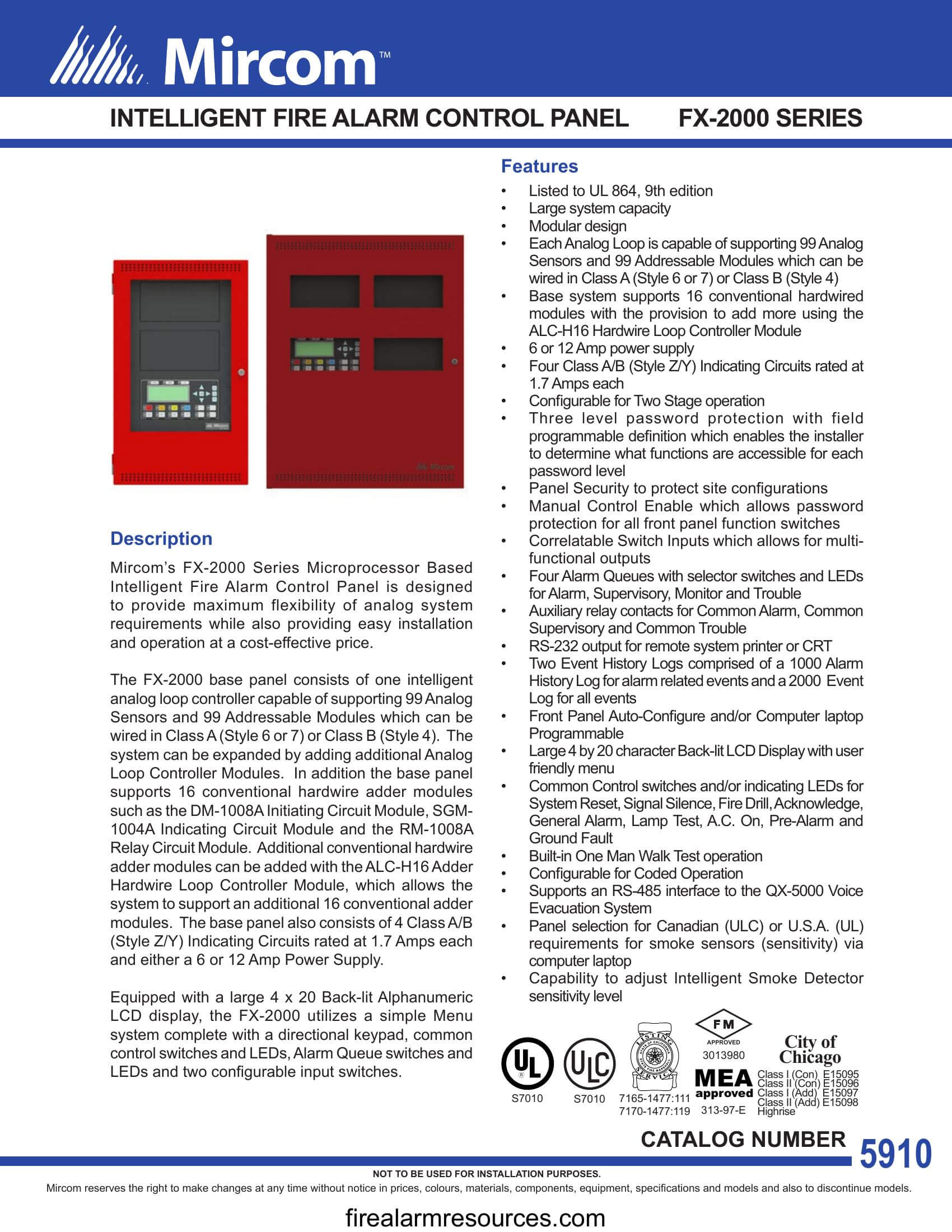 Mircom Cat 5910 Fx 2000 Series Intelligent Fire Alarm Con Download