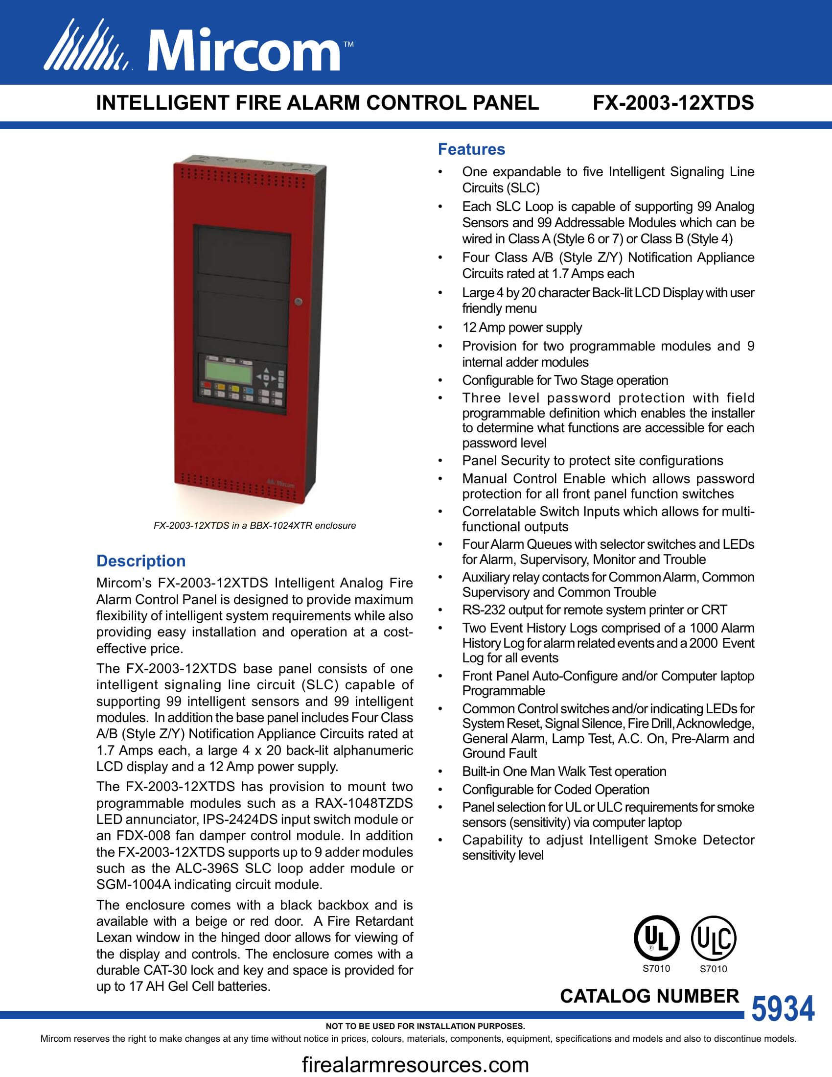 Mircom Cat 5910 Fx 2000 Series Intelligent Fire Alarm Con Download