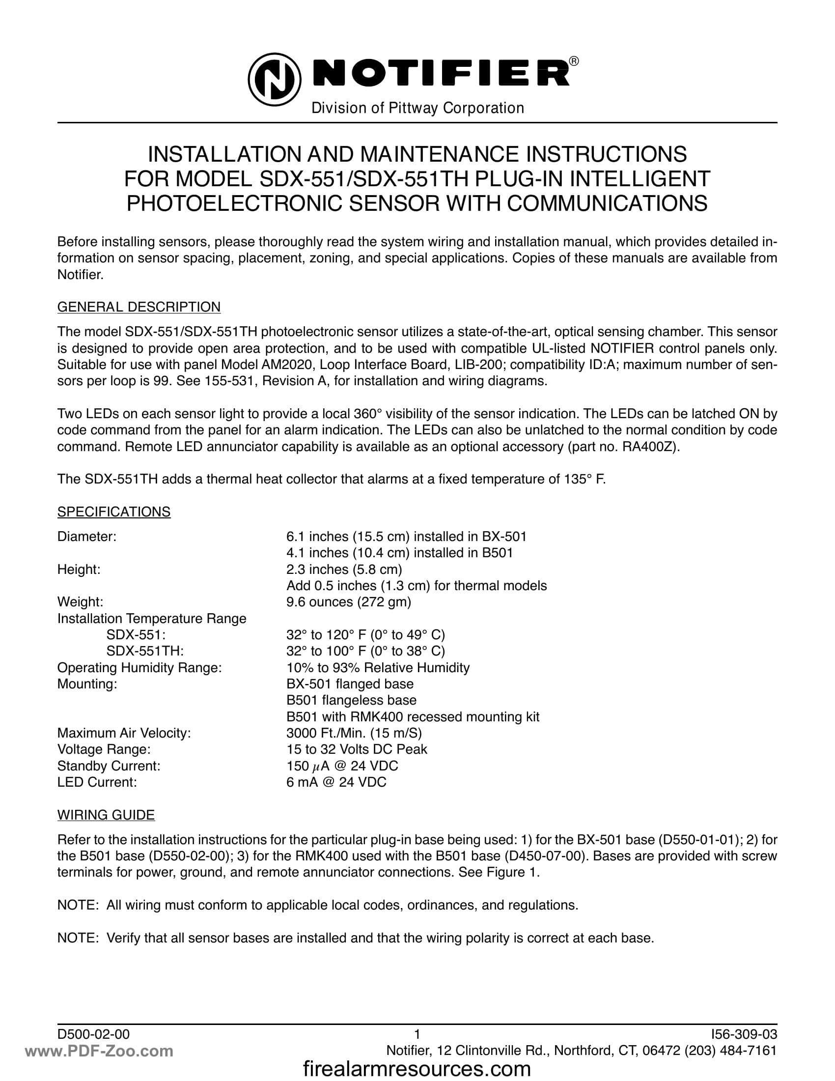 Notifier SD-551 & SDX-551th Plug-in Intelligent Photoelec... | Download ...
