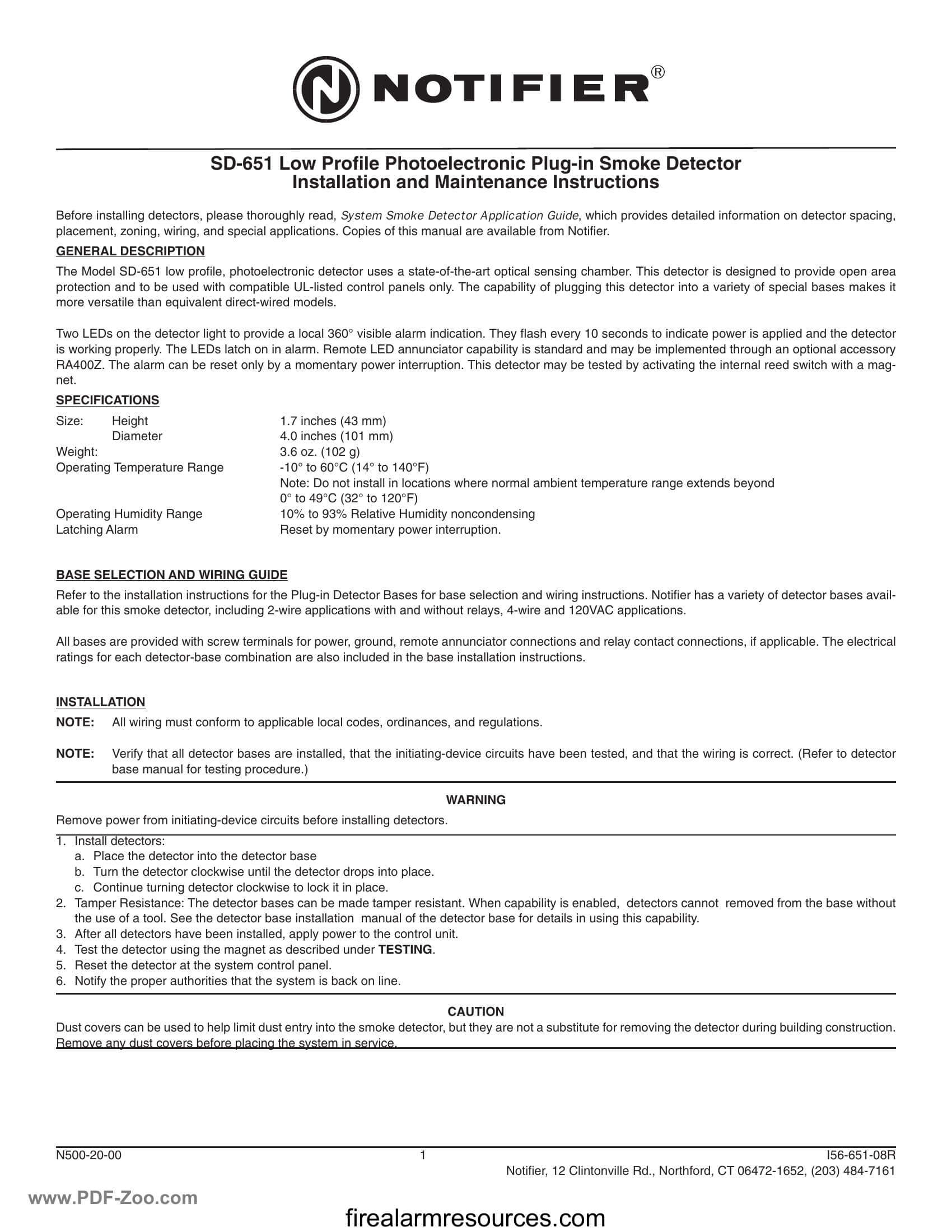Notifier SD-551 & SDX-551th Plug-in Intelligent Photoelec... | Download fire alarm documents