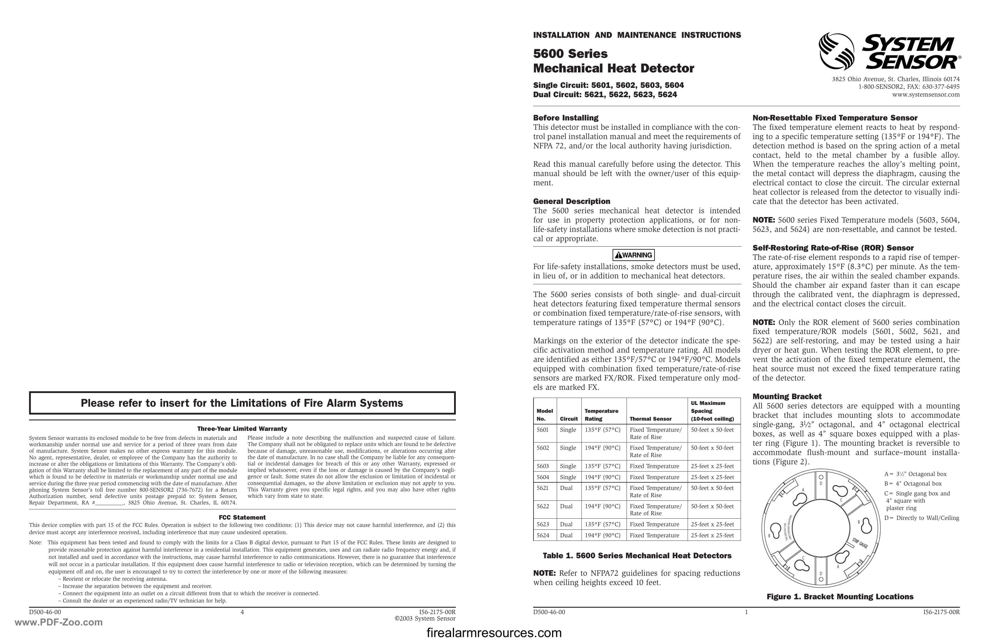 System Sensor 5600 Series Mechanical Heat Detector – Inst... | Download ...