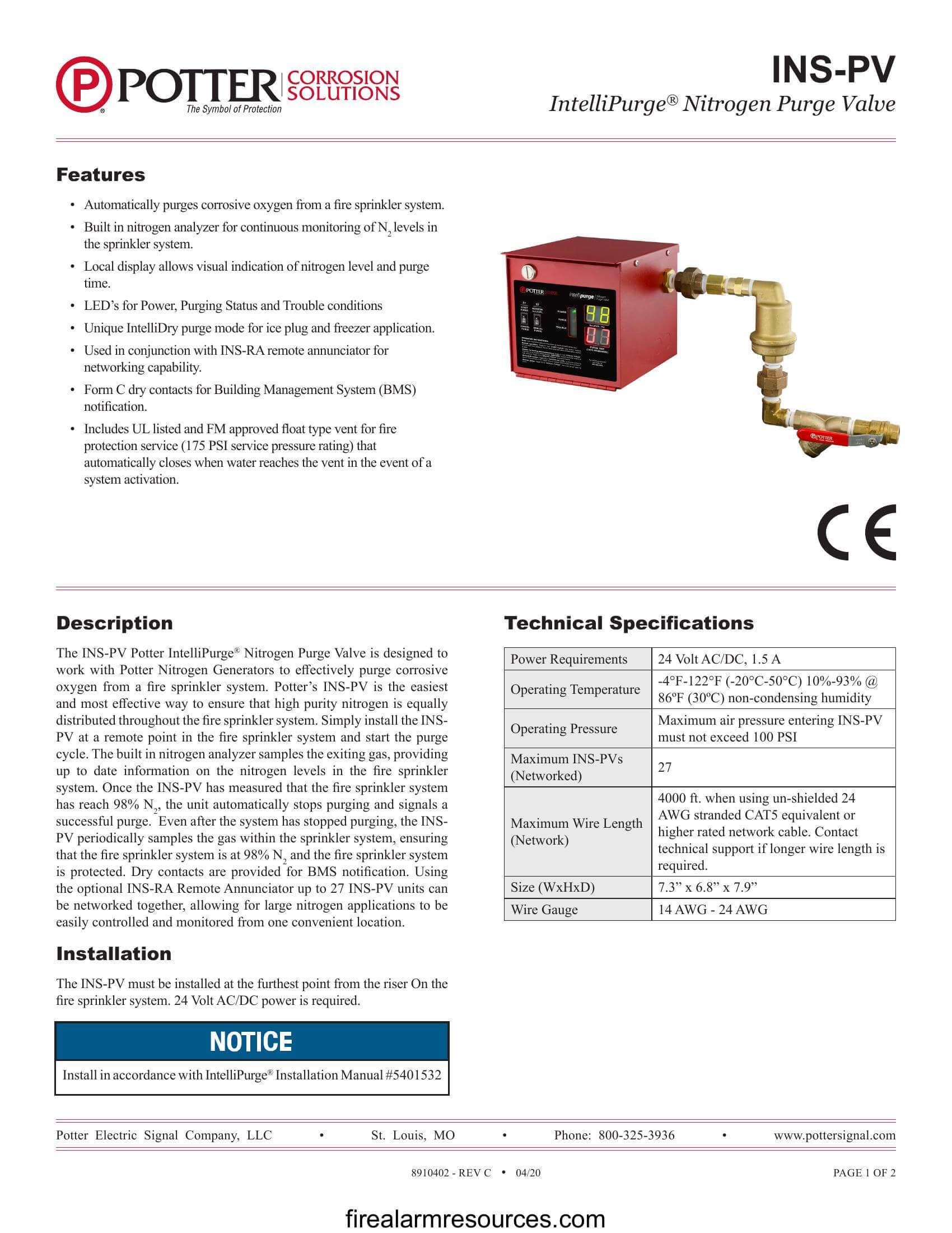 Potter INS-PV IntelliPurge® Nitrogen Purge Valve | Download fire alarm ...