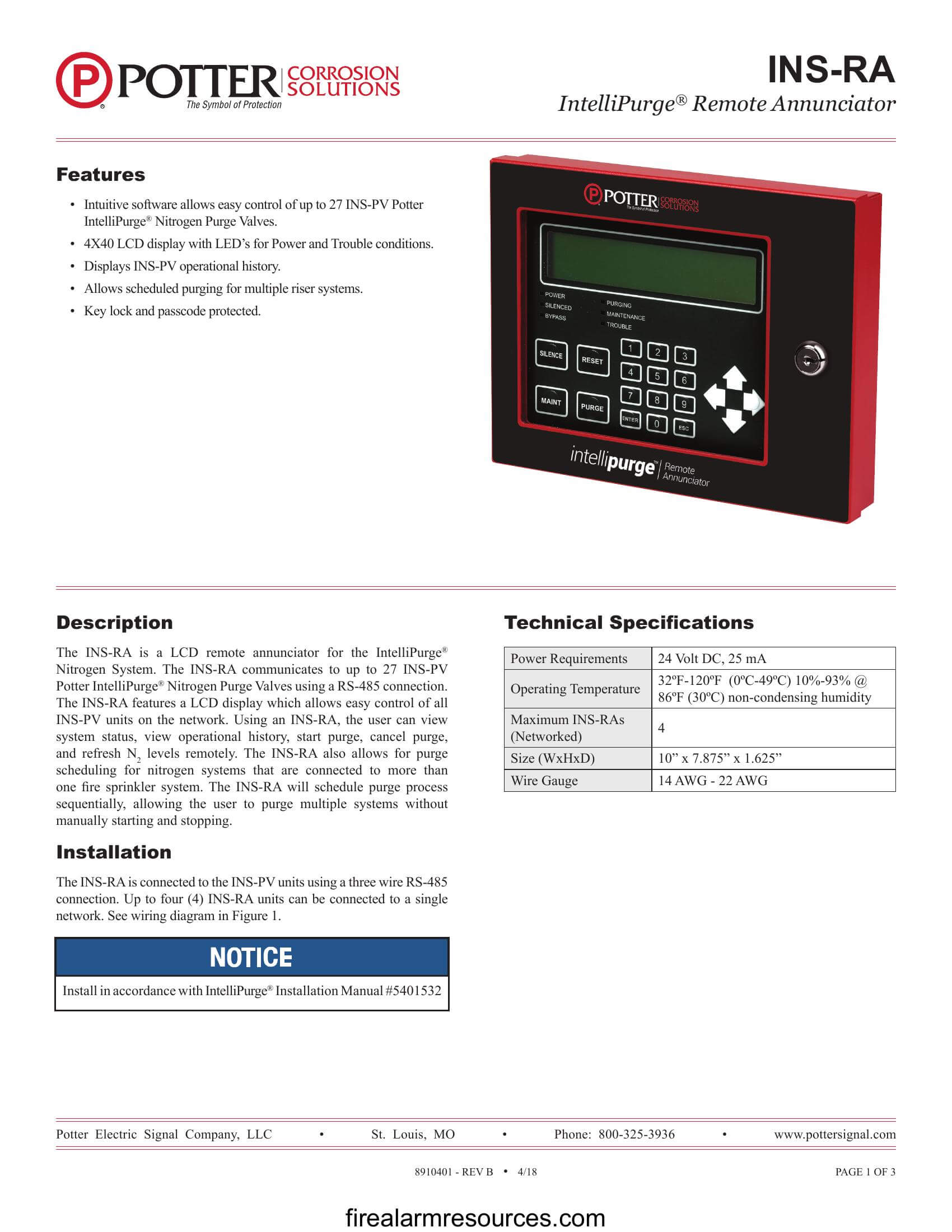 Potter INS-PV IntelliPurge® Nitrogen Purge Valve | Download fire alarm ...