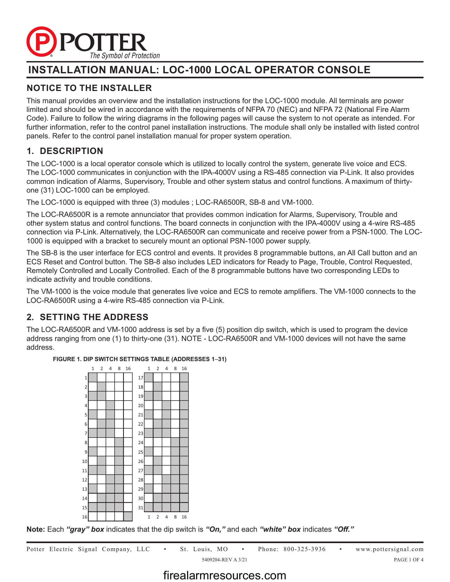 Potter INSTALLATION MANUAL LOC-1000 LOCAL OPERATOR CONSOLE | Download ...