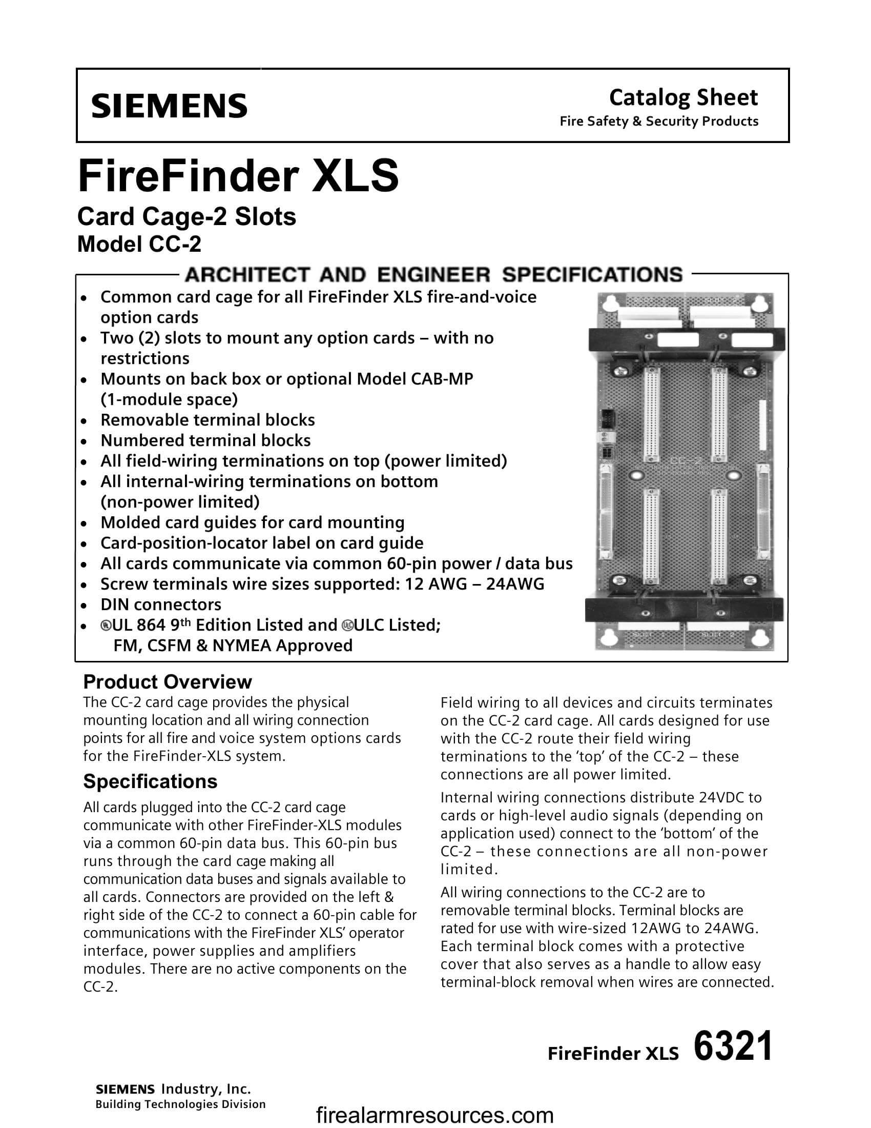 Siemens CC-5 (for FireFinder) 5-Slot Card Cage, Data Sheet | Download ...