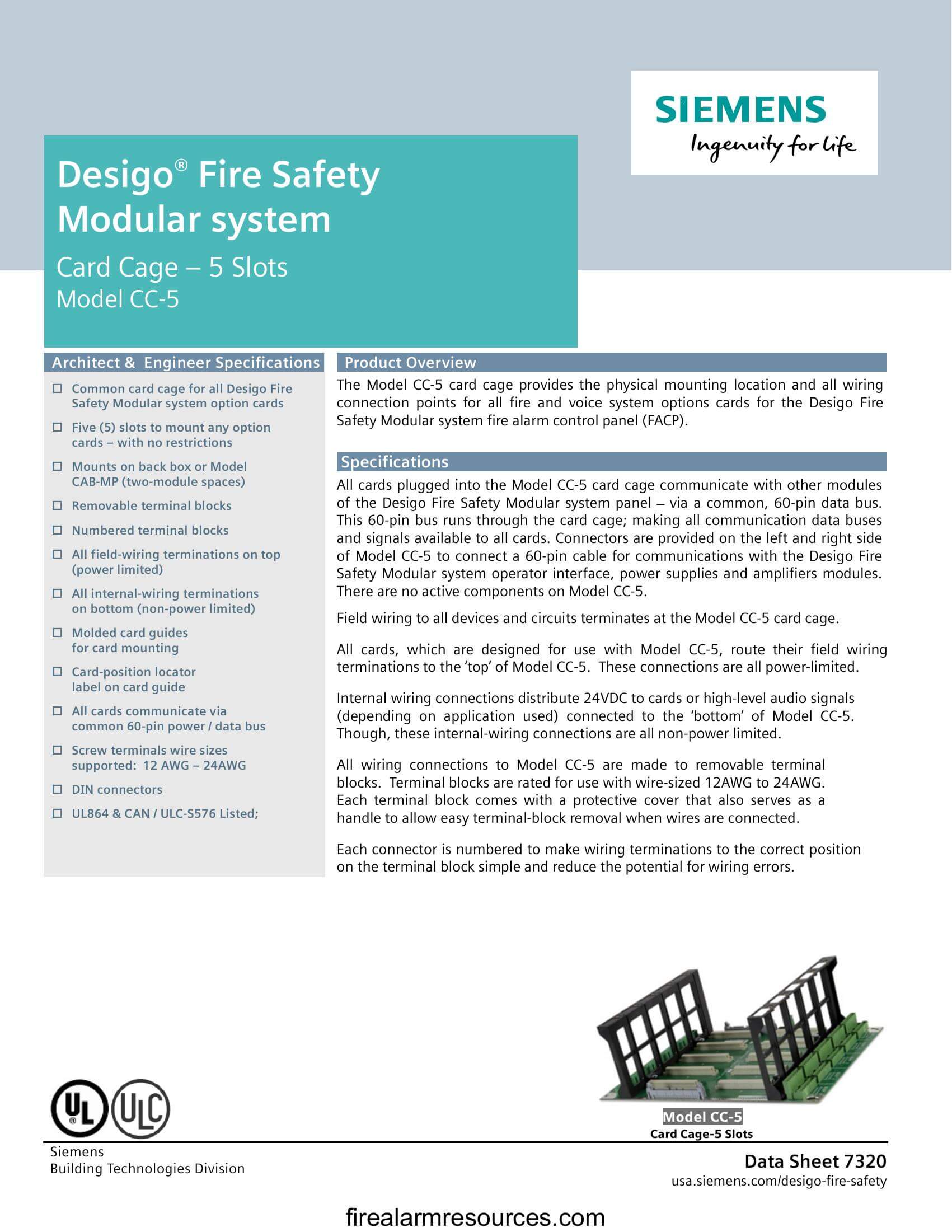 Siemens CC-5 (for FireFinder) 5-Slot Card Cage, Data Sheet | Download ...
