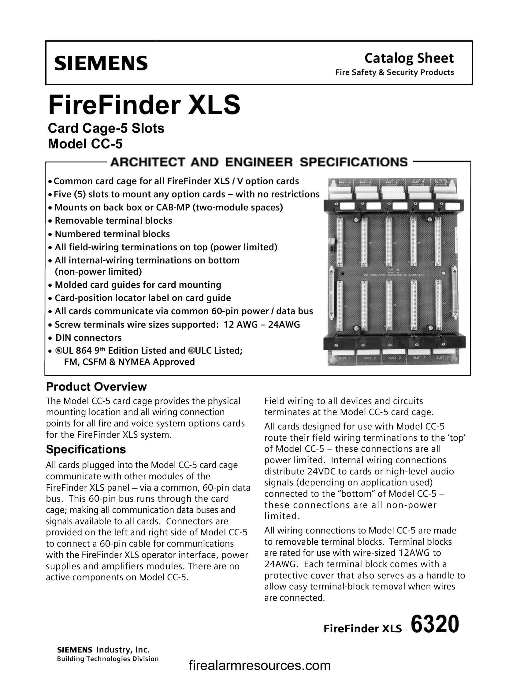 Siemens CC-5 (for FireFinder) 5-Slot Card Cage, Data Sheet | Download ...