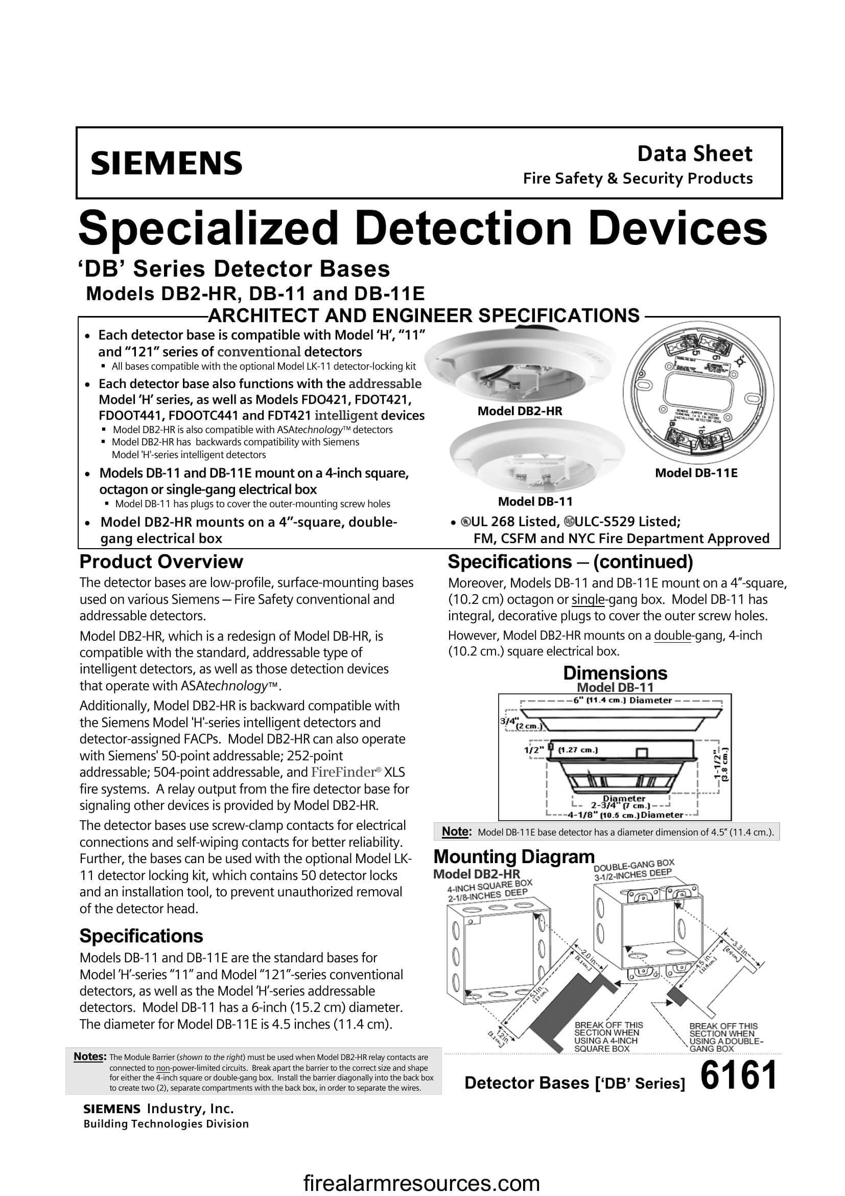 Siemens DB2-HR, DB-11 and DB-11E Detector Bases, Data Sheet | Download ...
