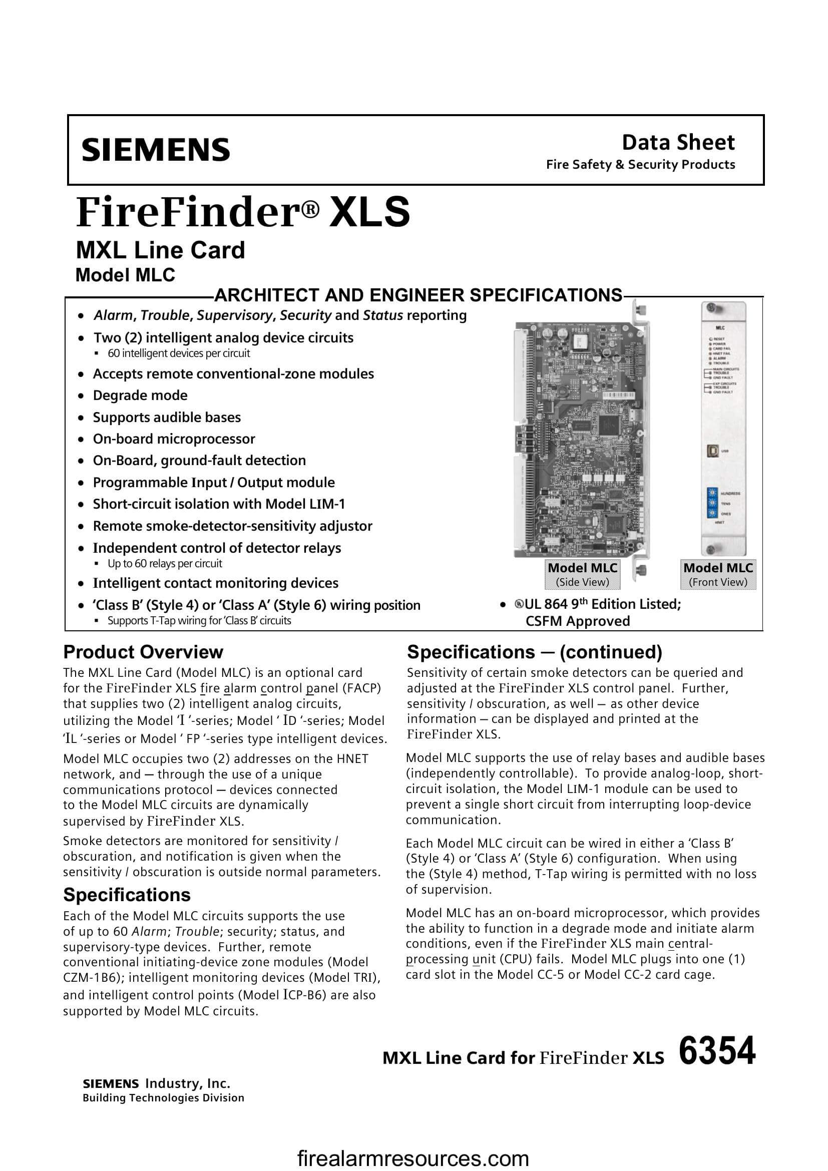 Siemens CC-5 (for FireFinder) 5-Slot Card Cage, Data Sheet | Download ...