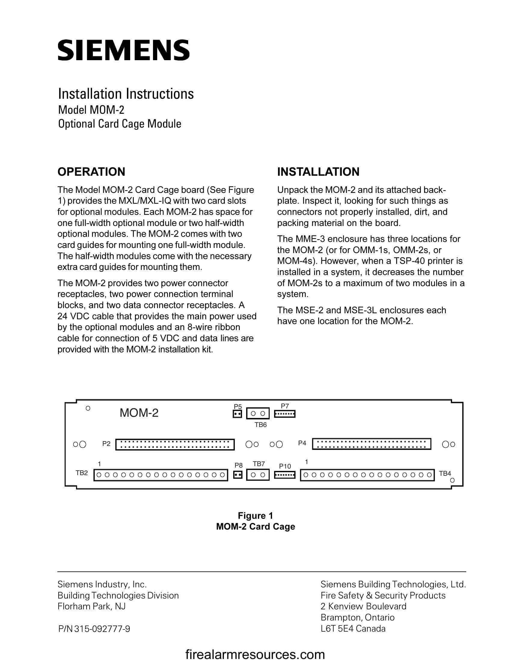 Siemens MOM-4 Optional Card Cage Module, Installation Ins... | Download ...