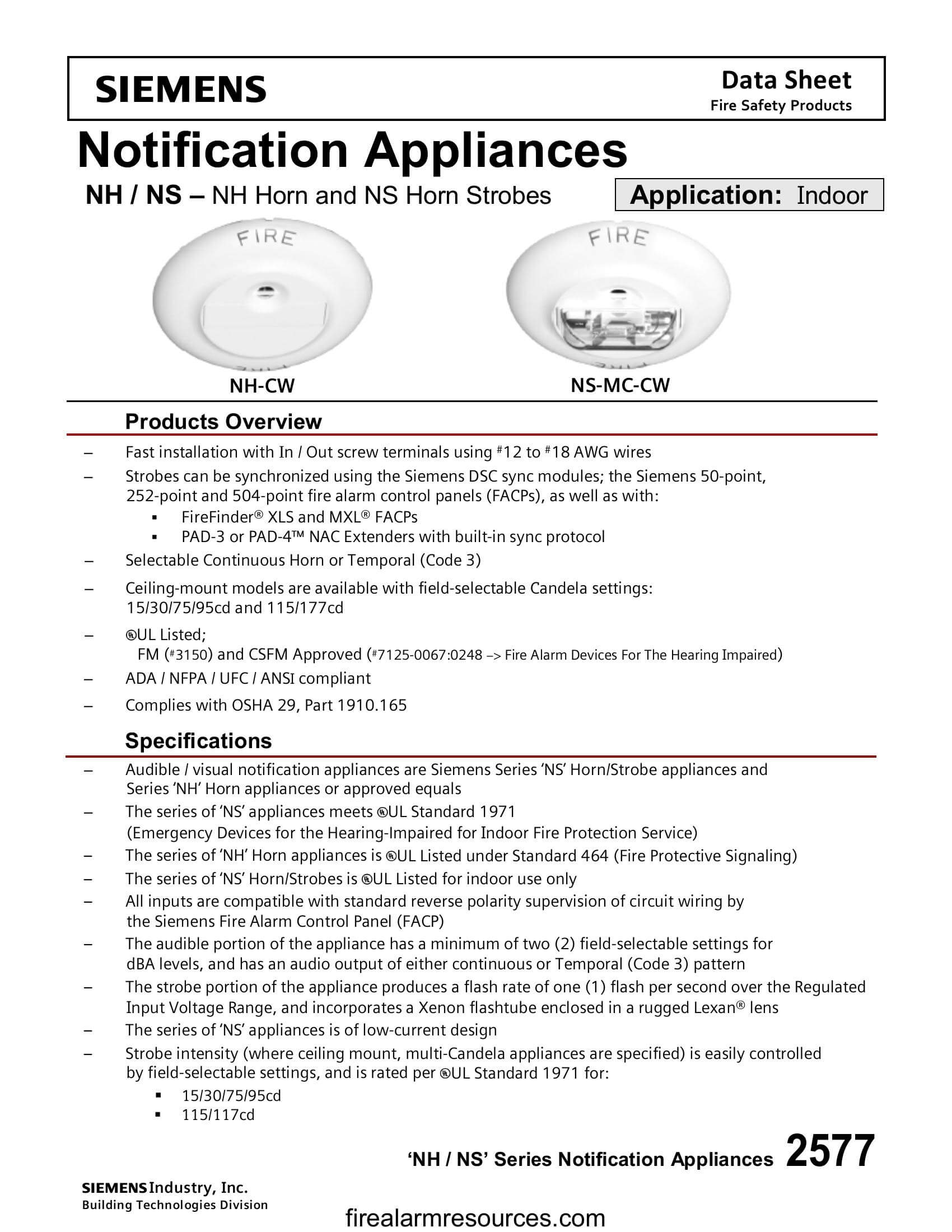 Siemens ZH and ZR Strobes, Horns and Horn _ Strobes, Data... | Download ...
