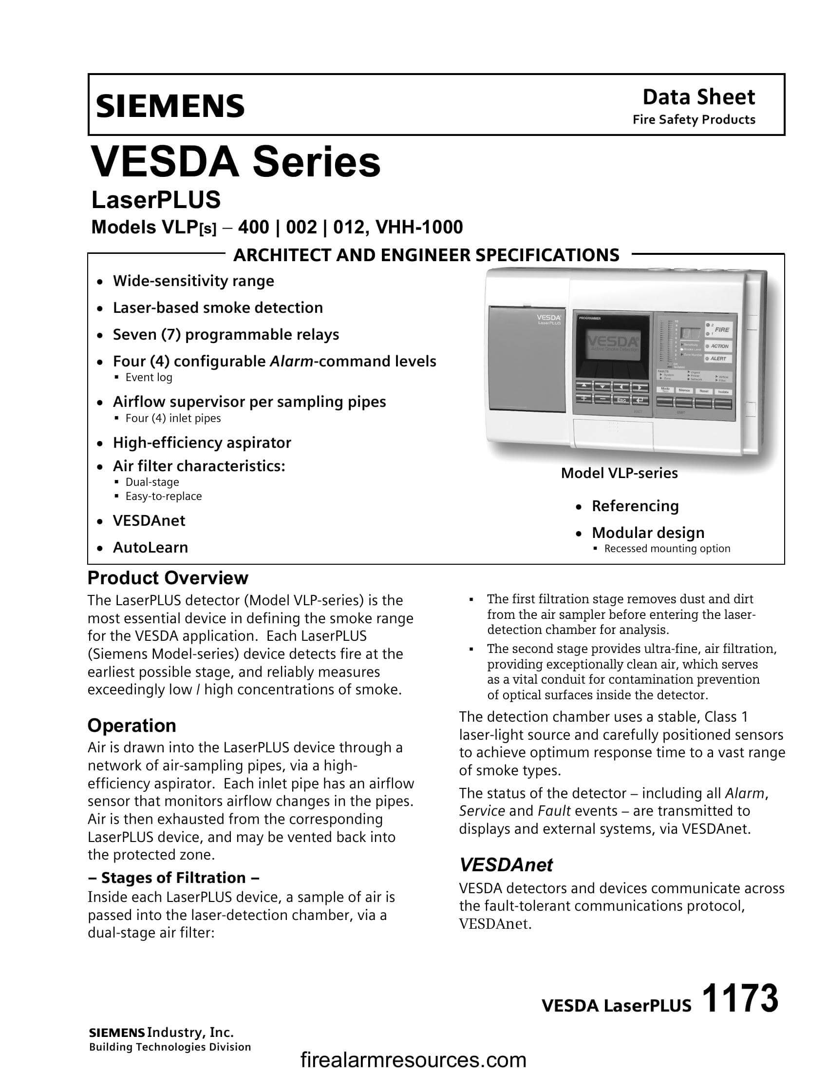 Siemens VESDA LaserCOMPACT, Data Sheet | Download fire alarm documents