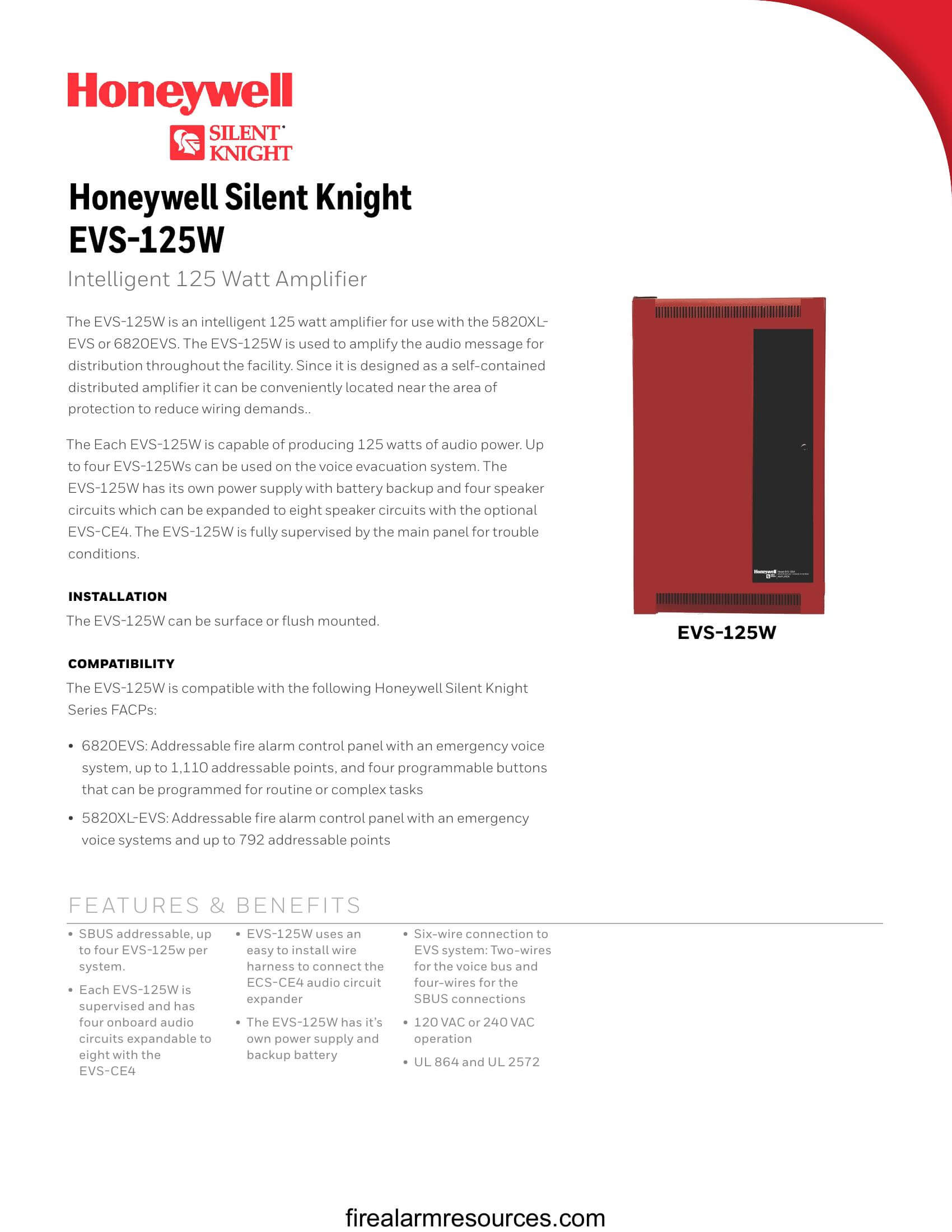 Silent Knight EVS-125W Data Sheet | Download fire alarm documents