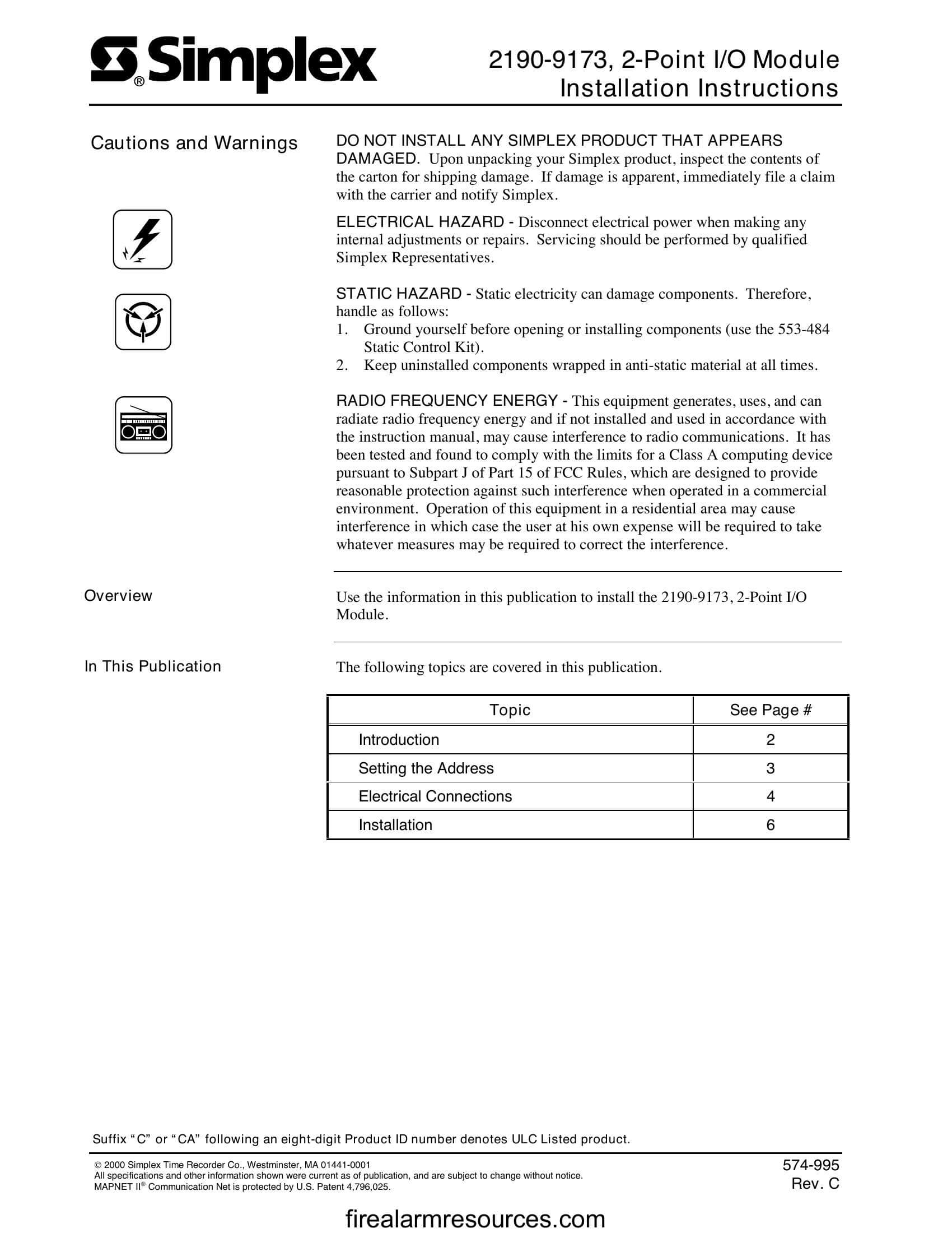 Simplex 2190-9173, 2-Point I O Module Installation Instru... | Download ...