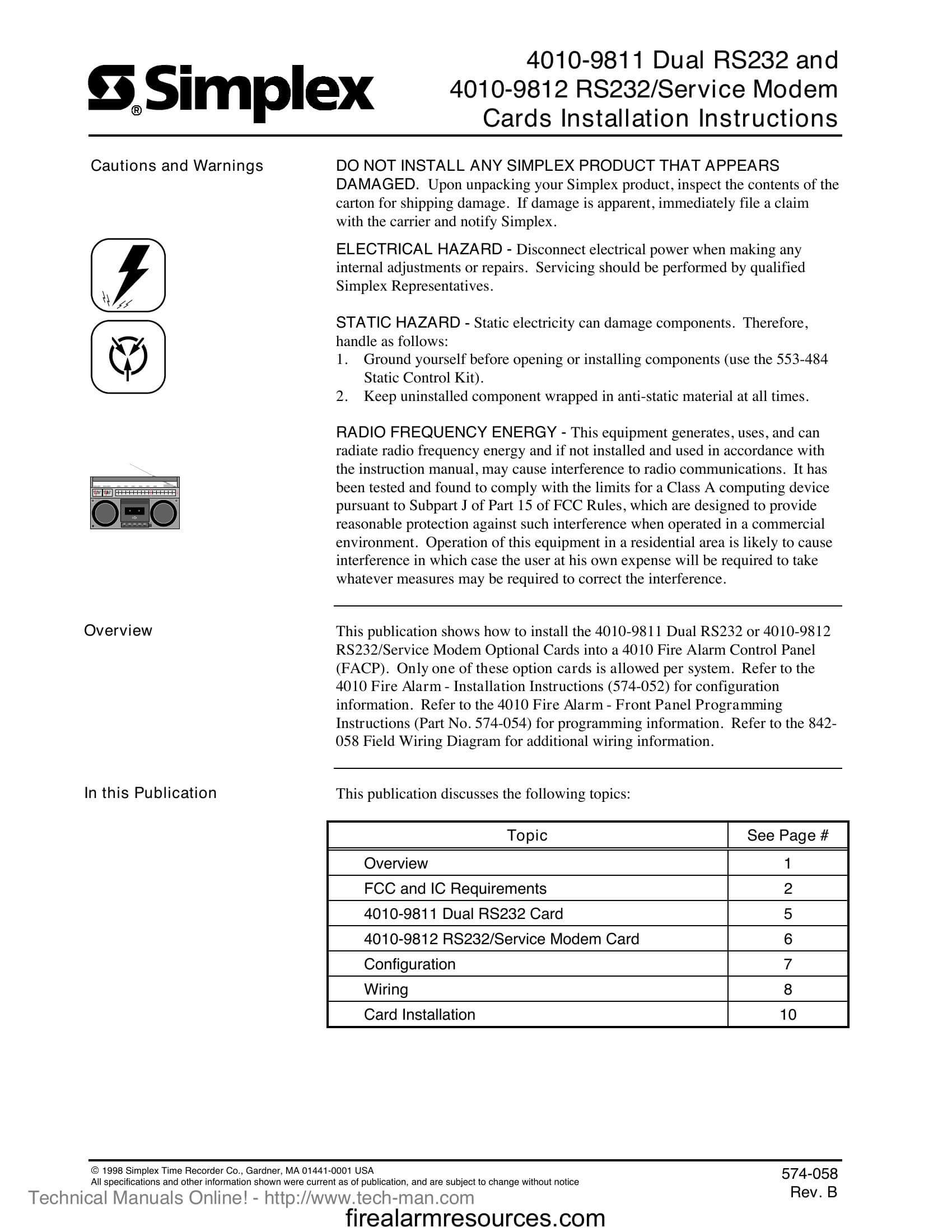 Simplex 4010-9812 RS232 Service Modem Card Rev B | Download fire alarm ...