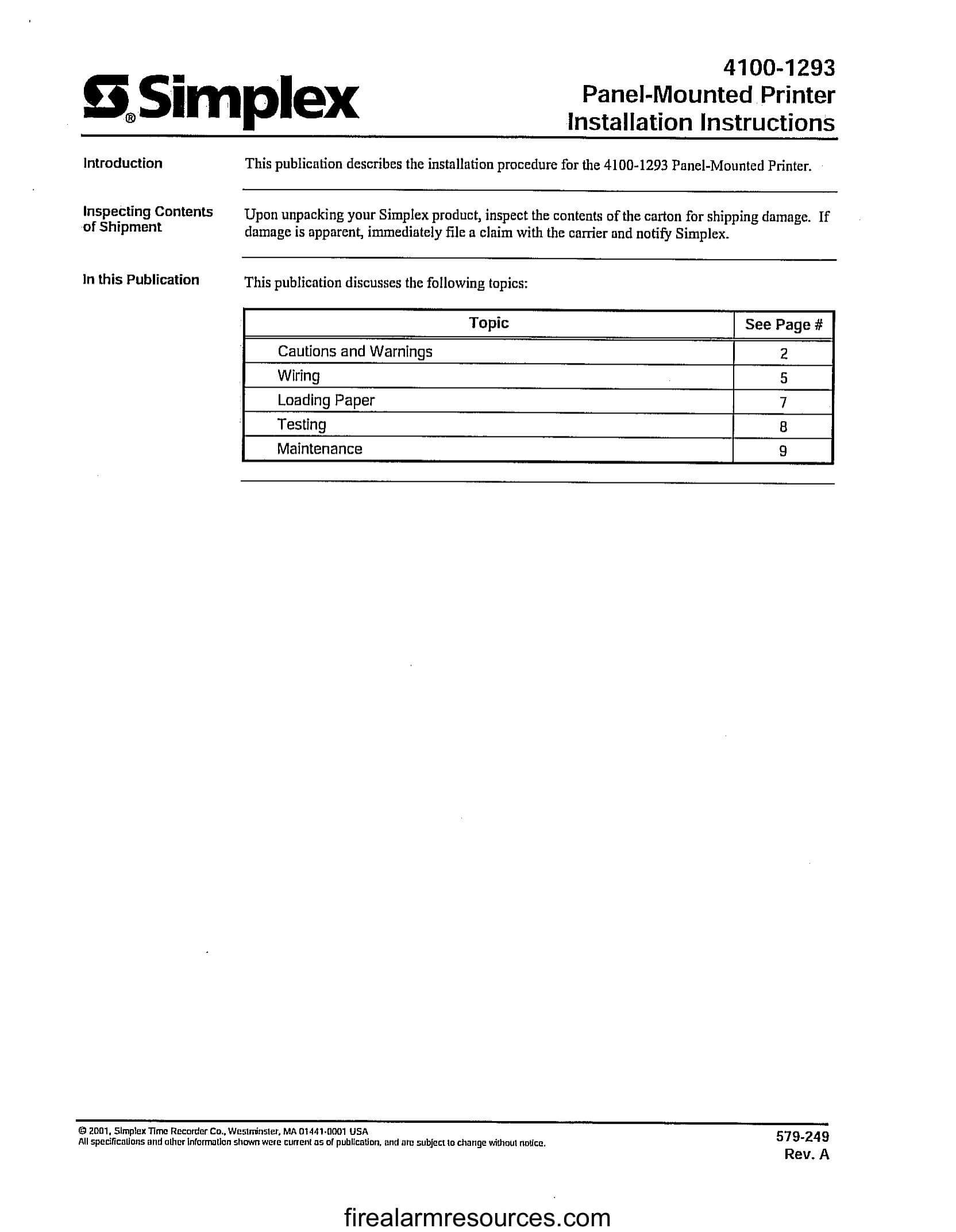 Simplex 4100 4120-0451 Panel-Mounted Printer ™ Installati... | Download ...