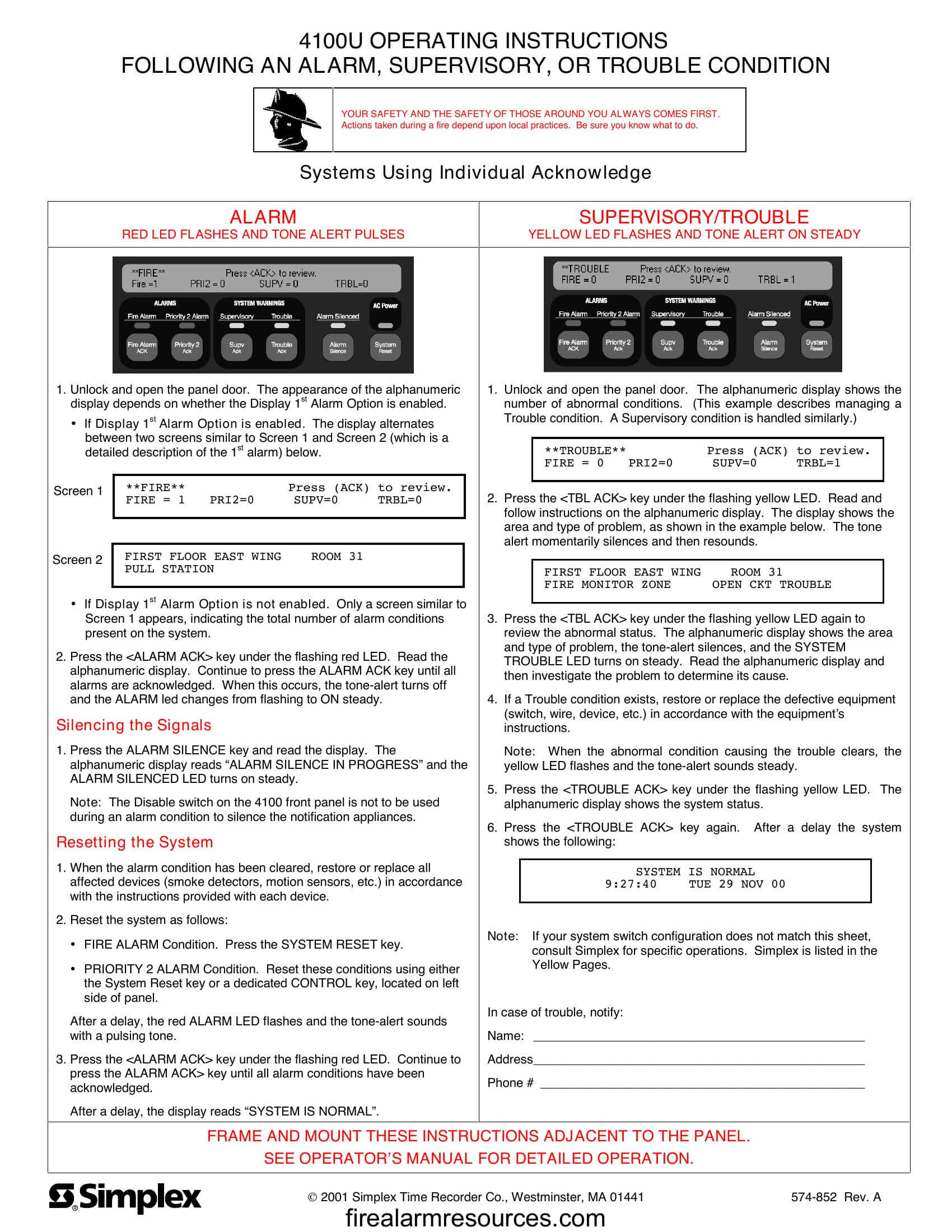 Simplex 2120 SMPL Operating Instructions | Download fire alarm documents
