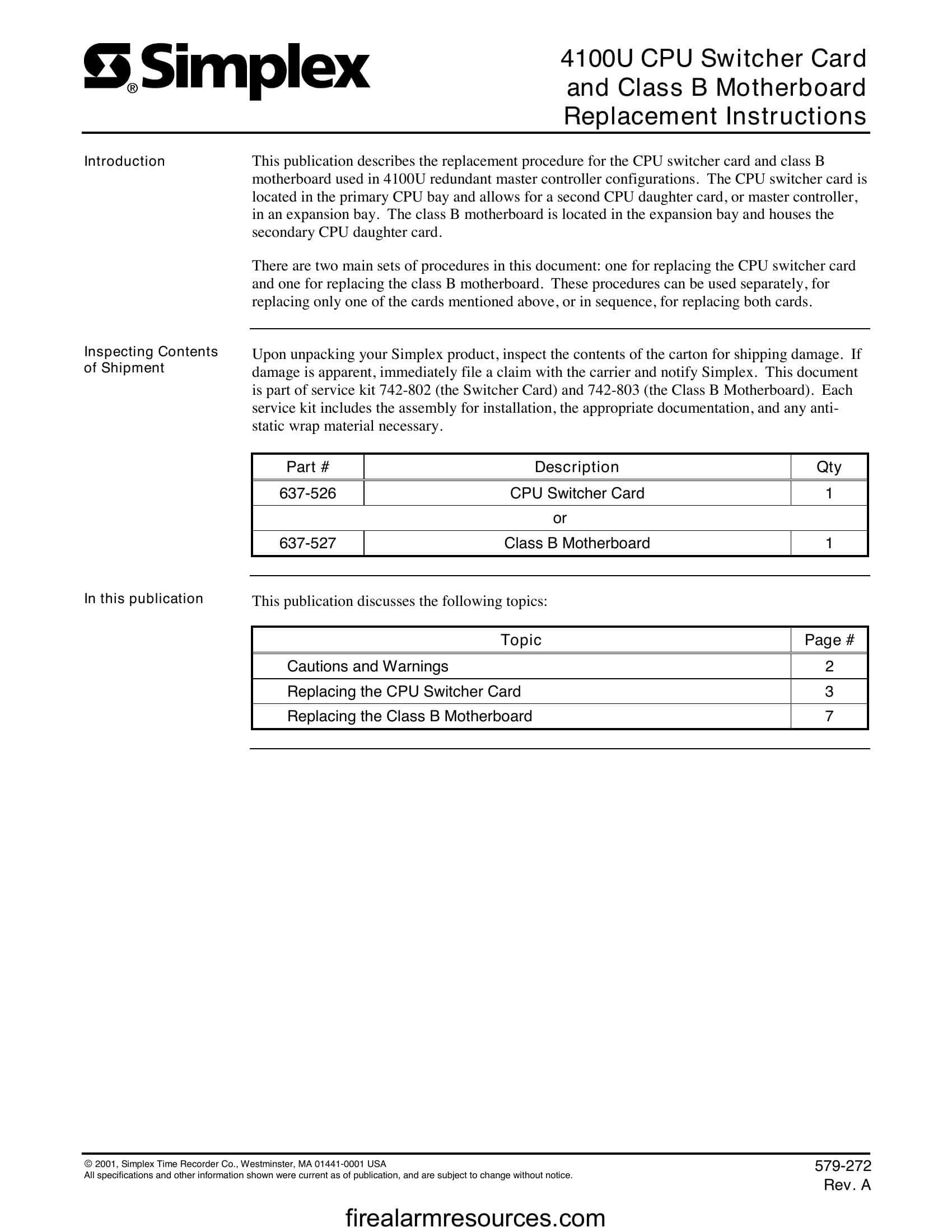 Simplex Replace Instructions CPU Switcher Card Class B Mo... | Download ...