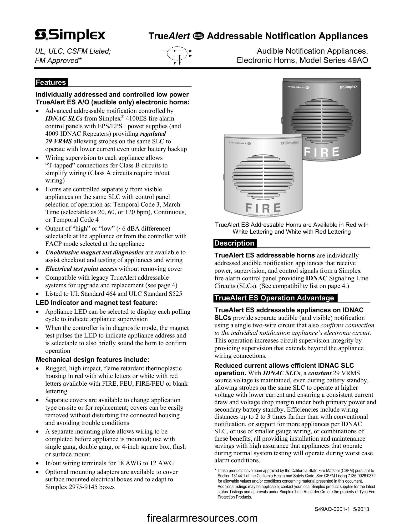 Simplex 49AO Series TrueAlert ES Addressable Notification... | Download ...