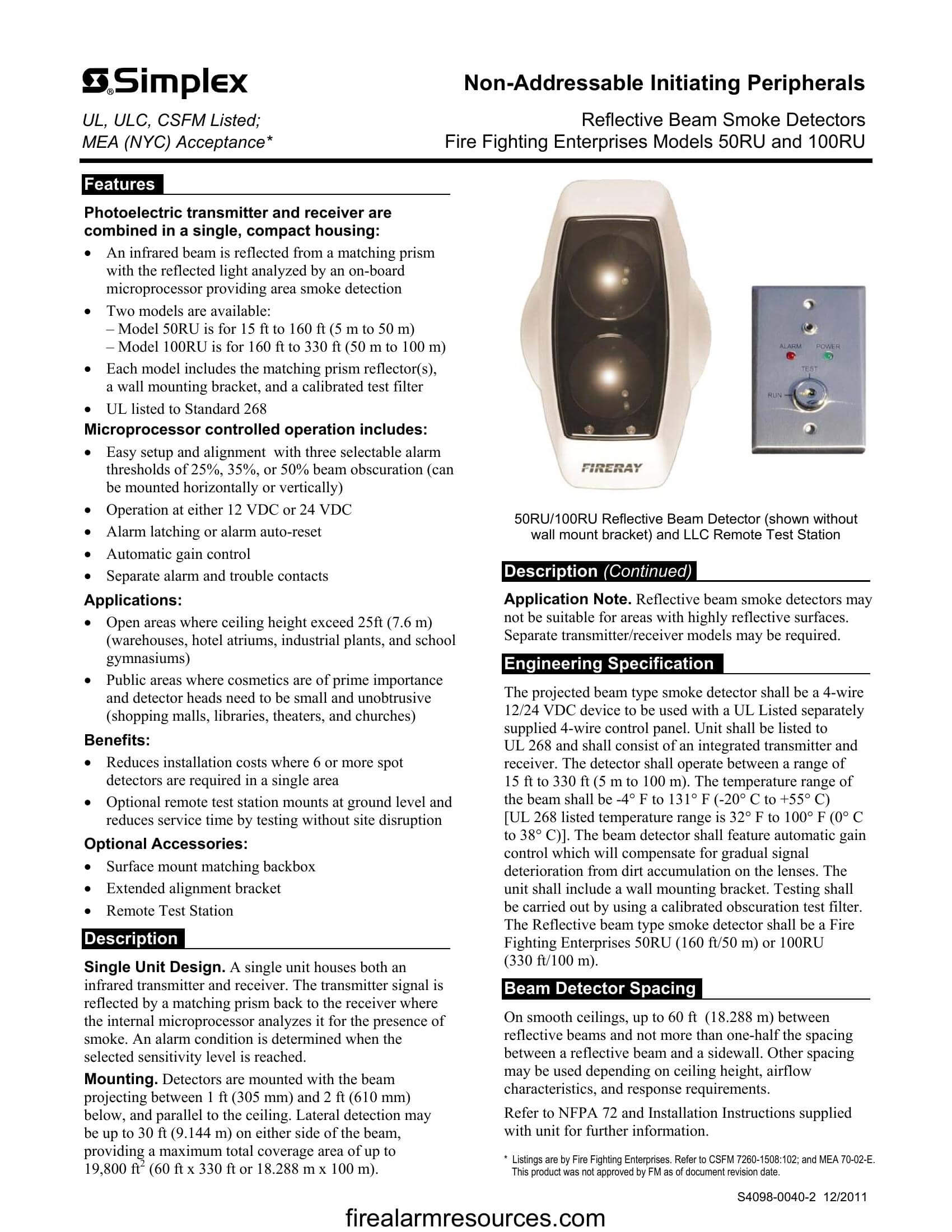 Simplex 50RU, 100RU, LLC Fire Fighting Enterprises Reflec... | Download ...