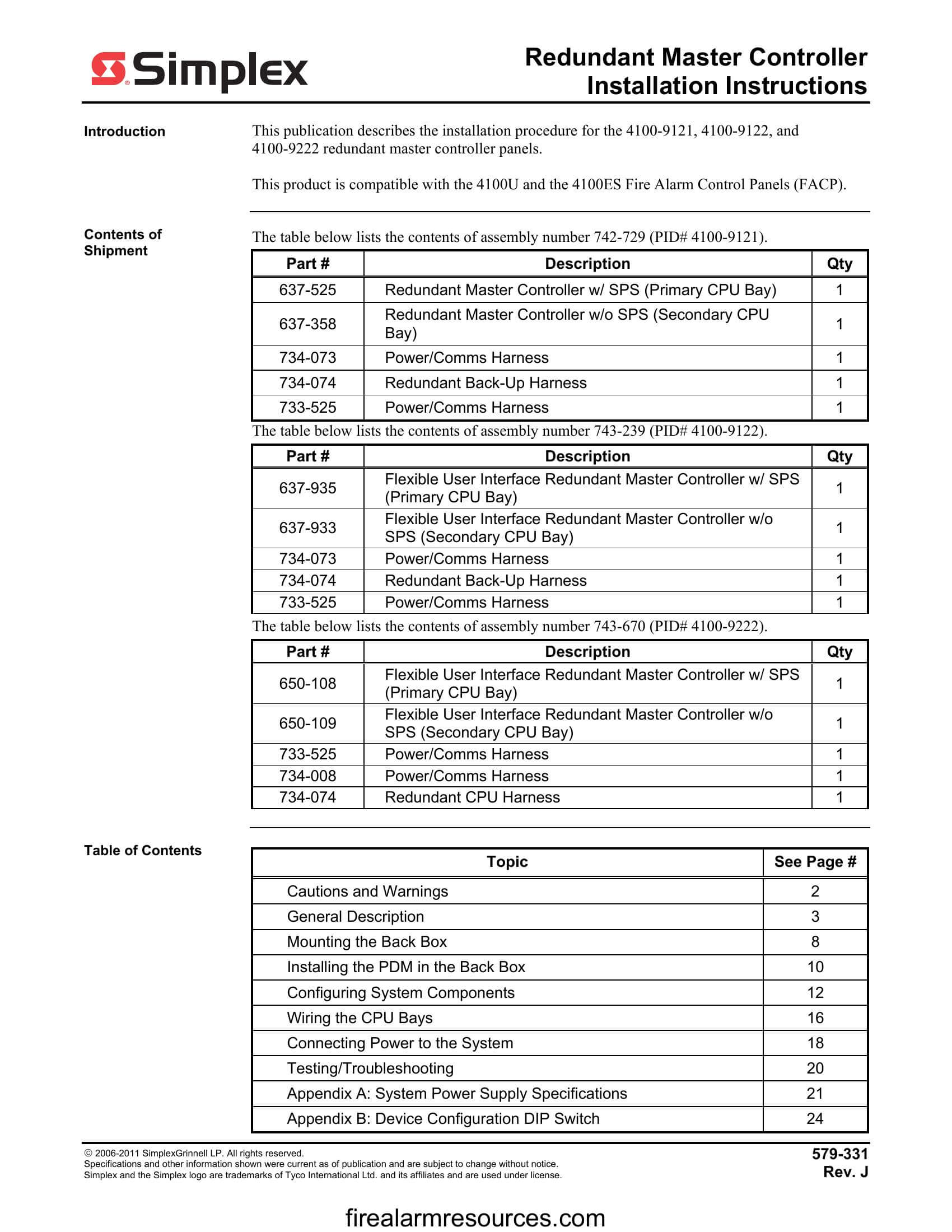 Simplex Installation Instructions Redundant Master Contro... | Download ...
