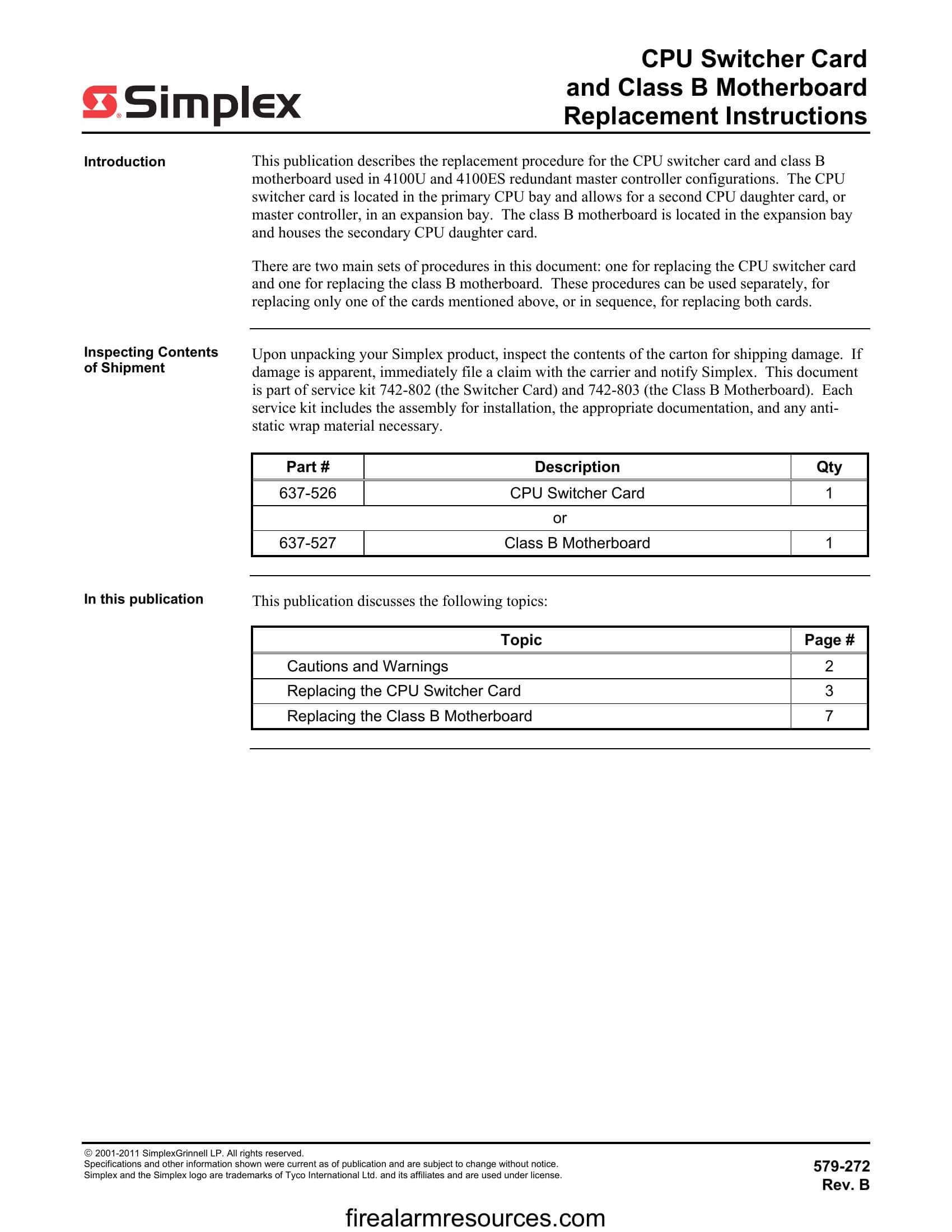 Simplex Replace Instructions CPU Switcher Card Class B Mo... | Download ...