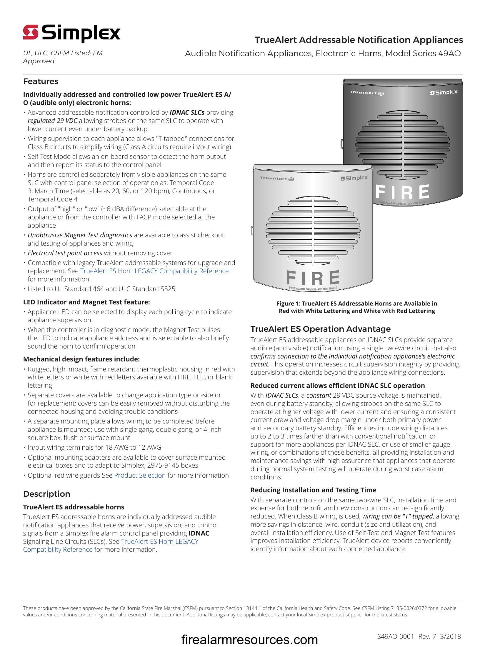 Simplex 49AO Series TrueAlert ES Addressable Notification... | Download ...