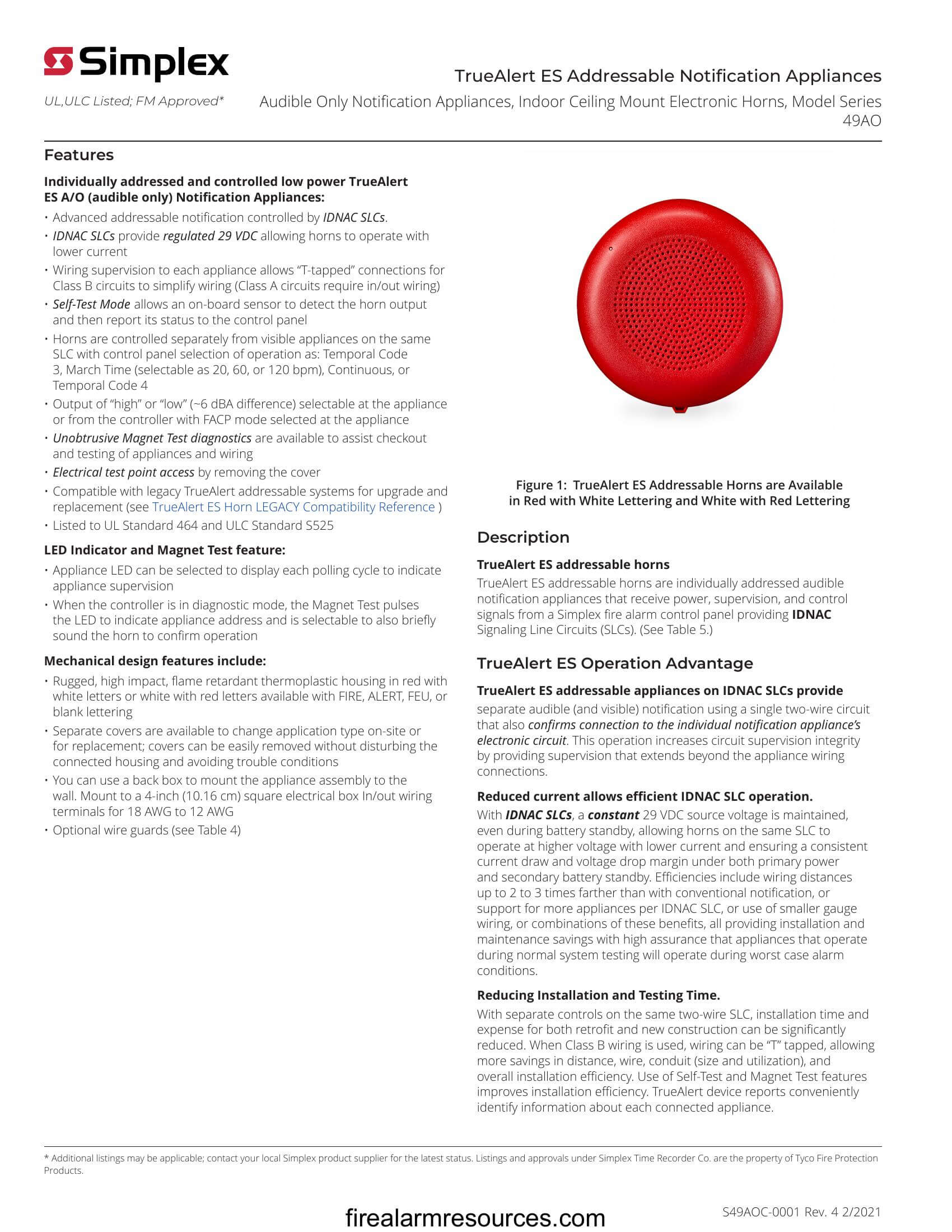 Simplex 49AO Series TrueAlert ES Addressable Notification... | Download ...