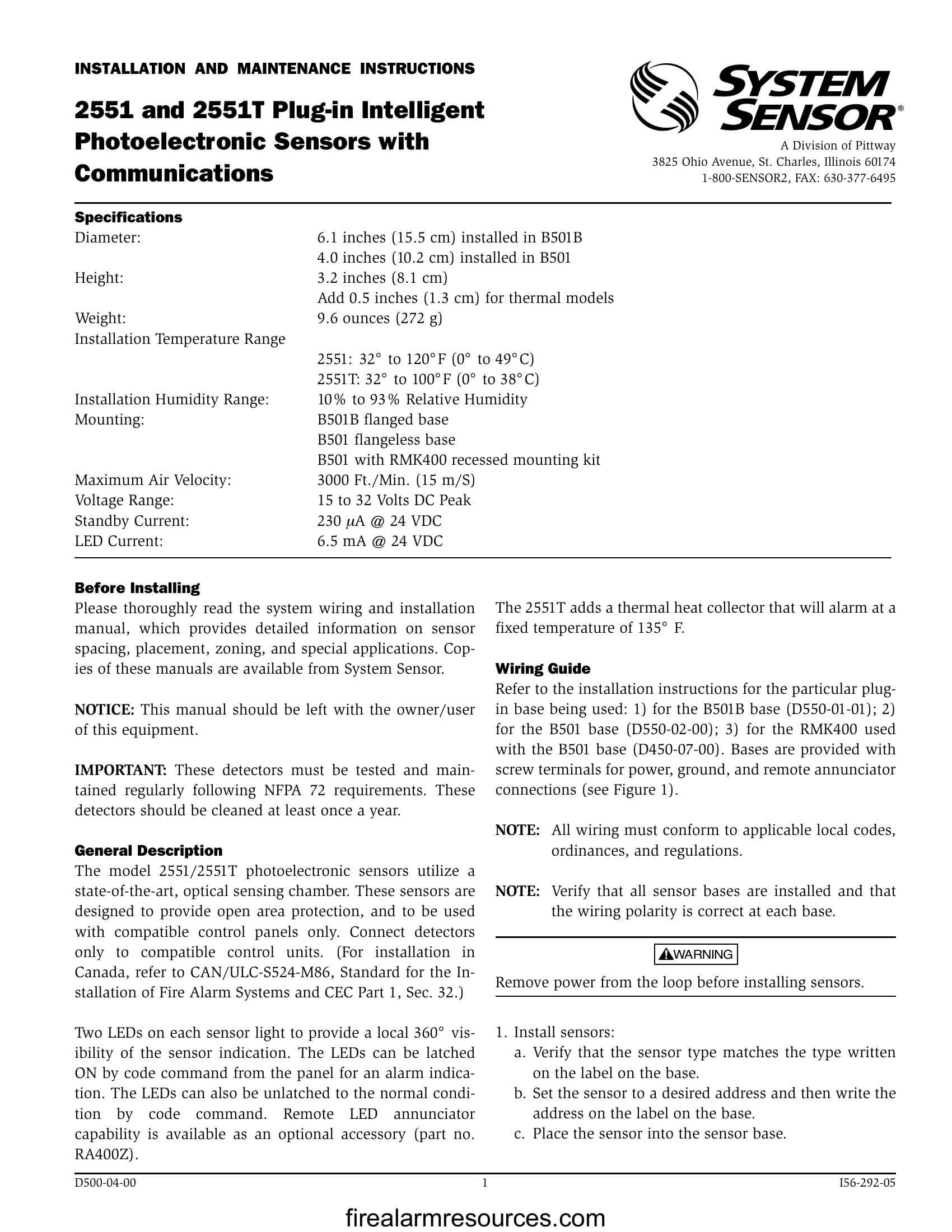 System Sensor 2251 and 2251T Manual | Download fire alarm documents