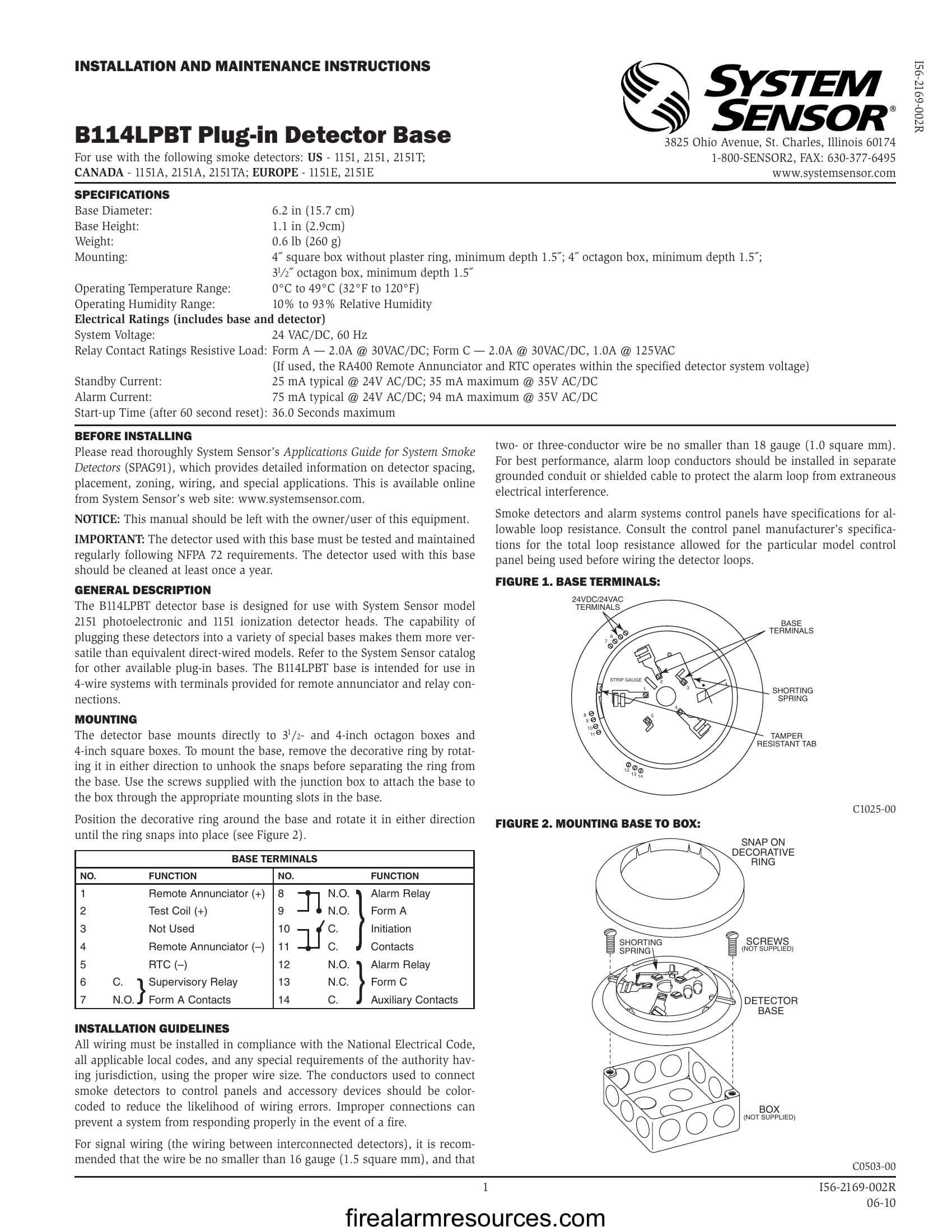 System Sensor B114LP Manual | Download fire alarm documents
