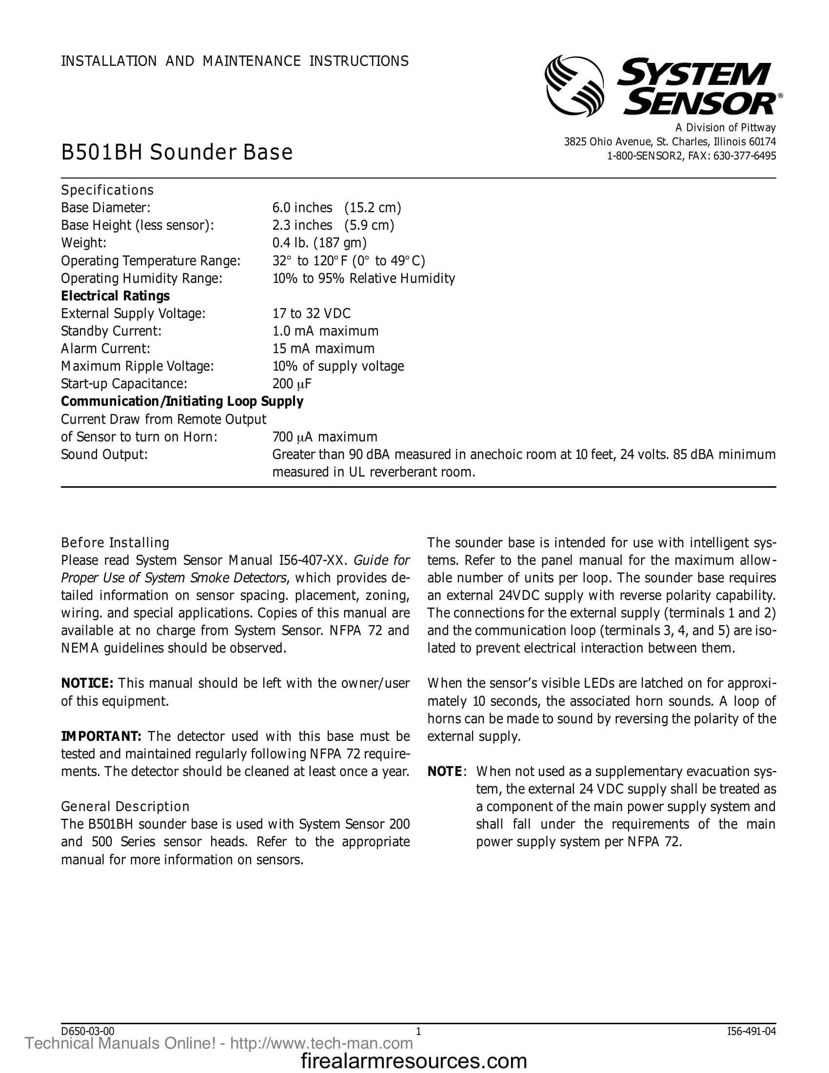 System Sensor b501 Install and Maint Instructions | Download fire alarm ...