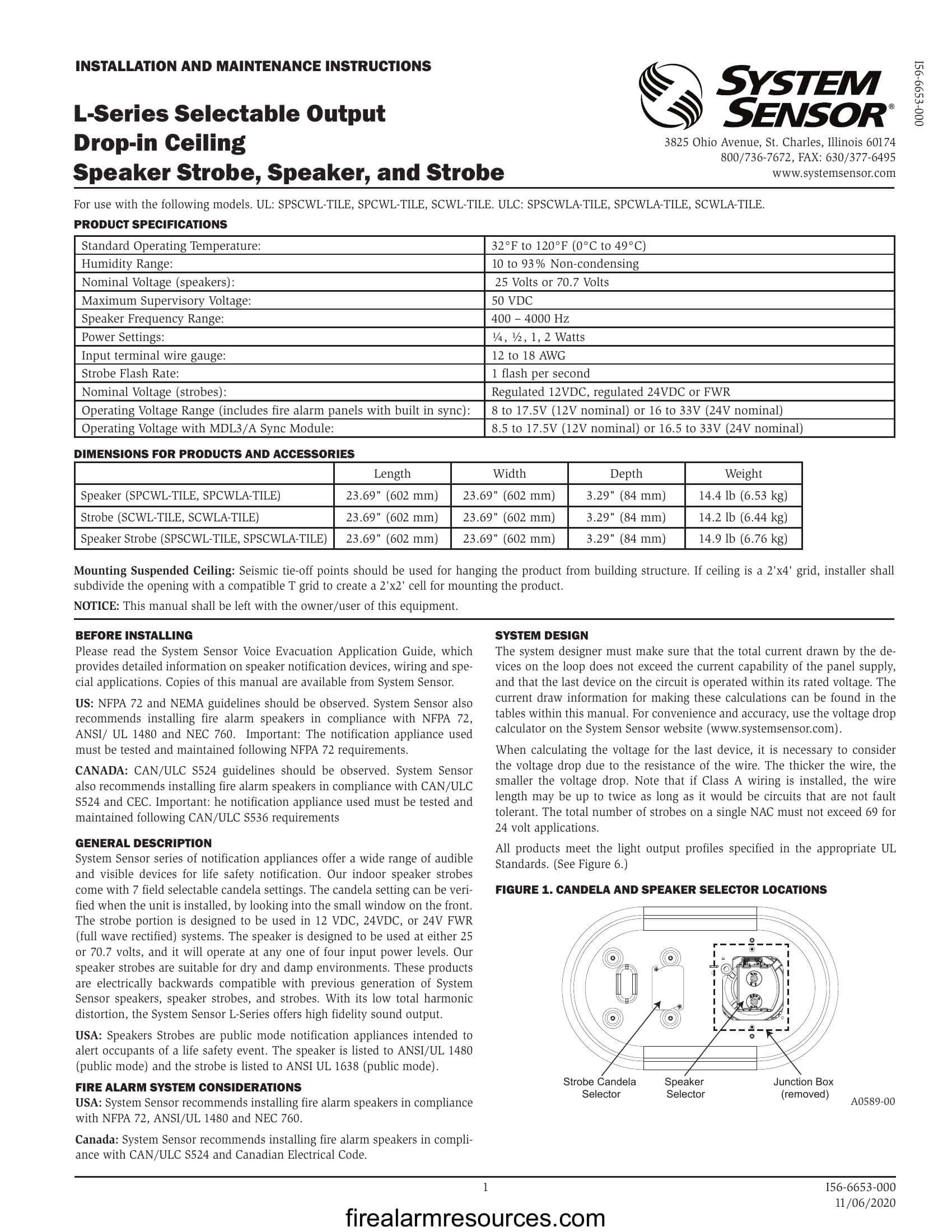 System Sensor L-Series Selectable Output Drop-in Ceiling ... | Download ...