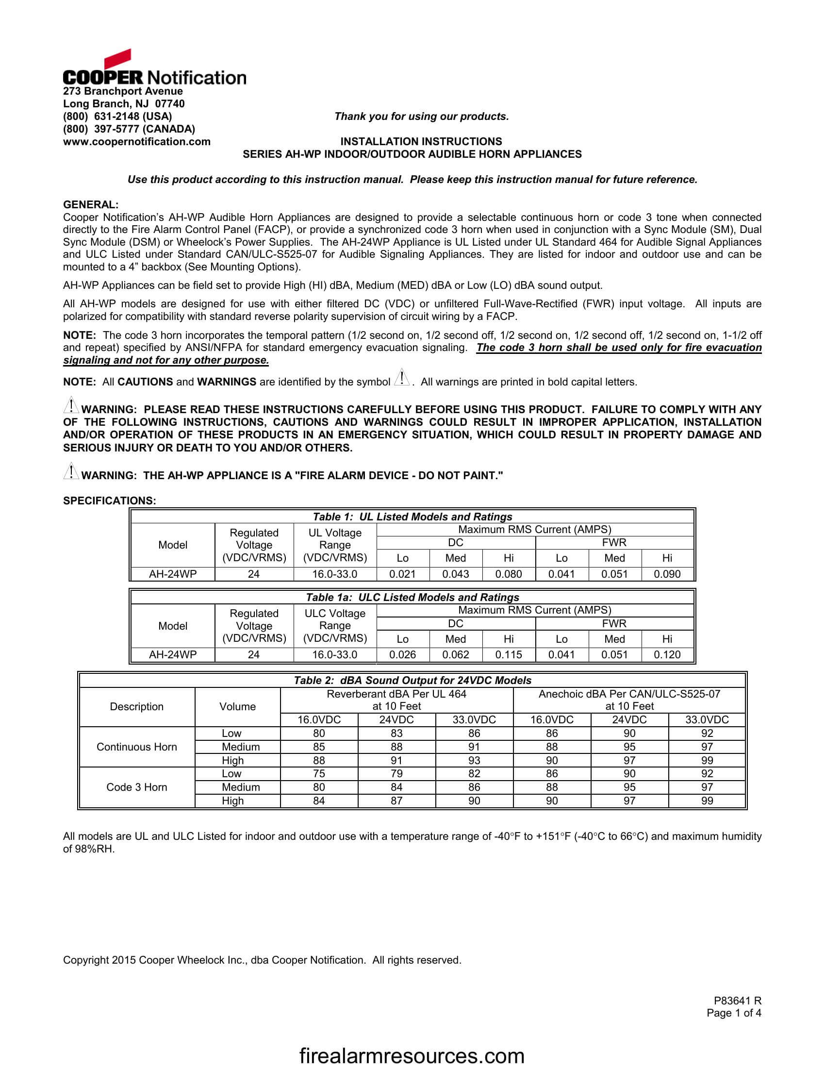 Wheelock HS horn install sheet P84432 | Download fire alarm documents