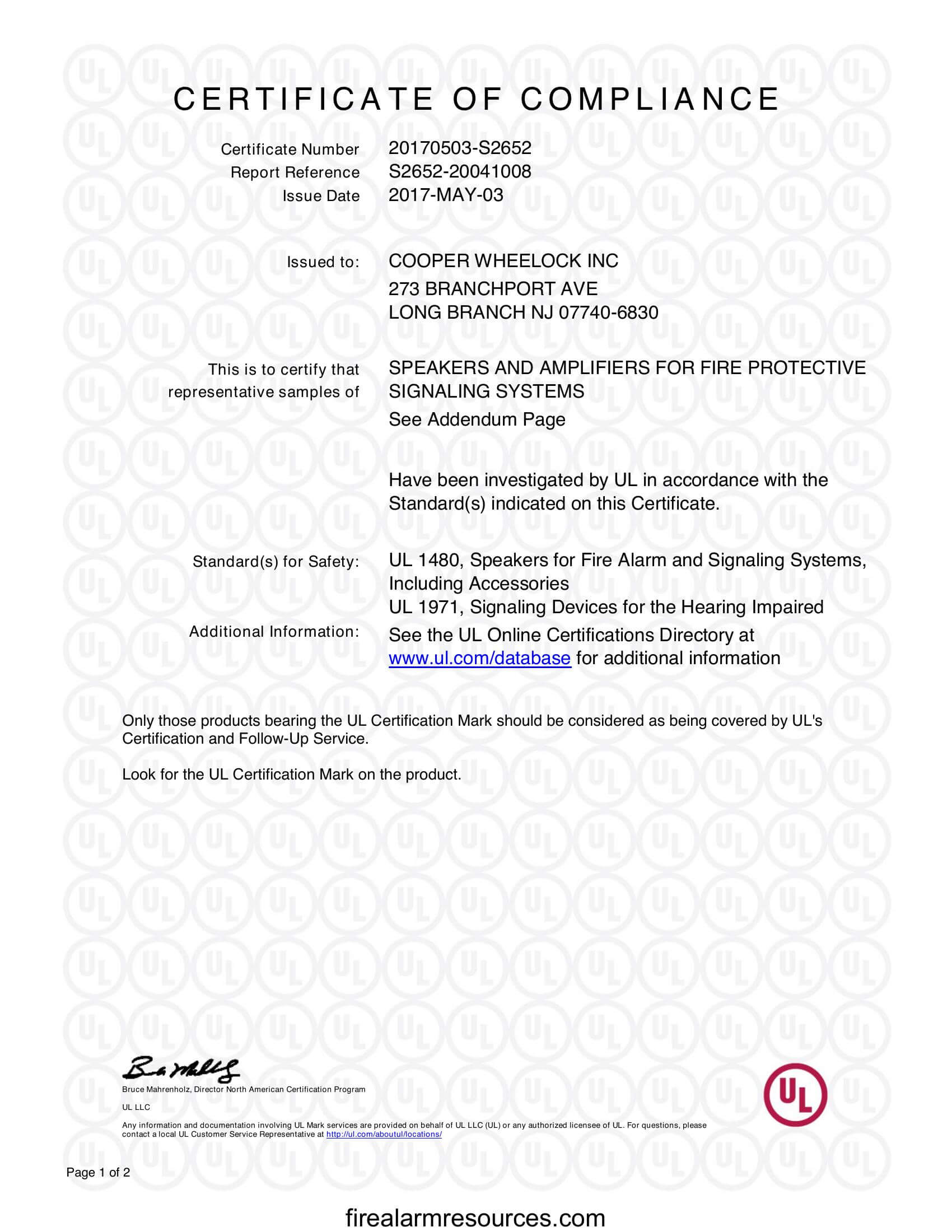 Wheelock E50, E50H speaker UL listing | Download fire alarm documents