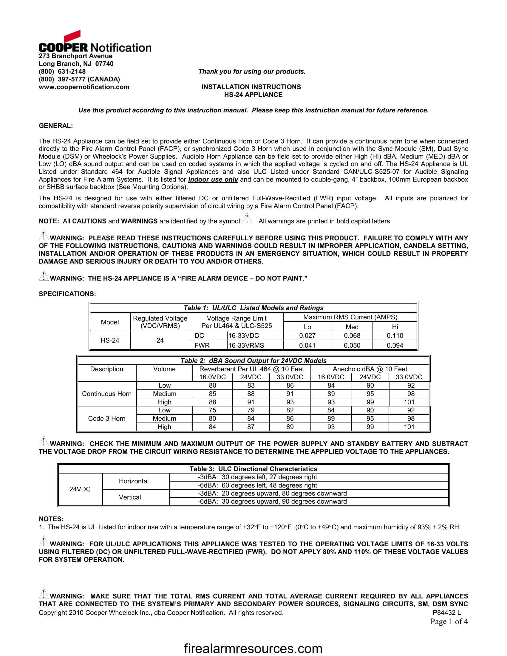 Wheelock HS horn install sheet P84432 | Download fire alarm documents